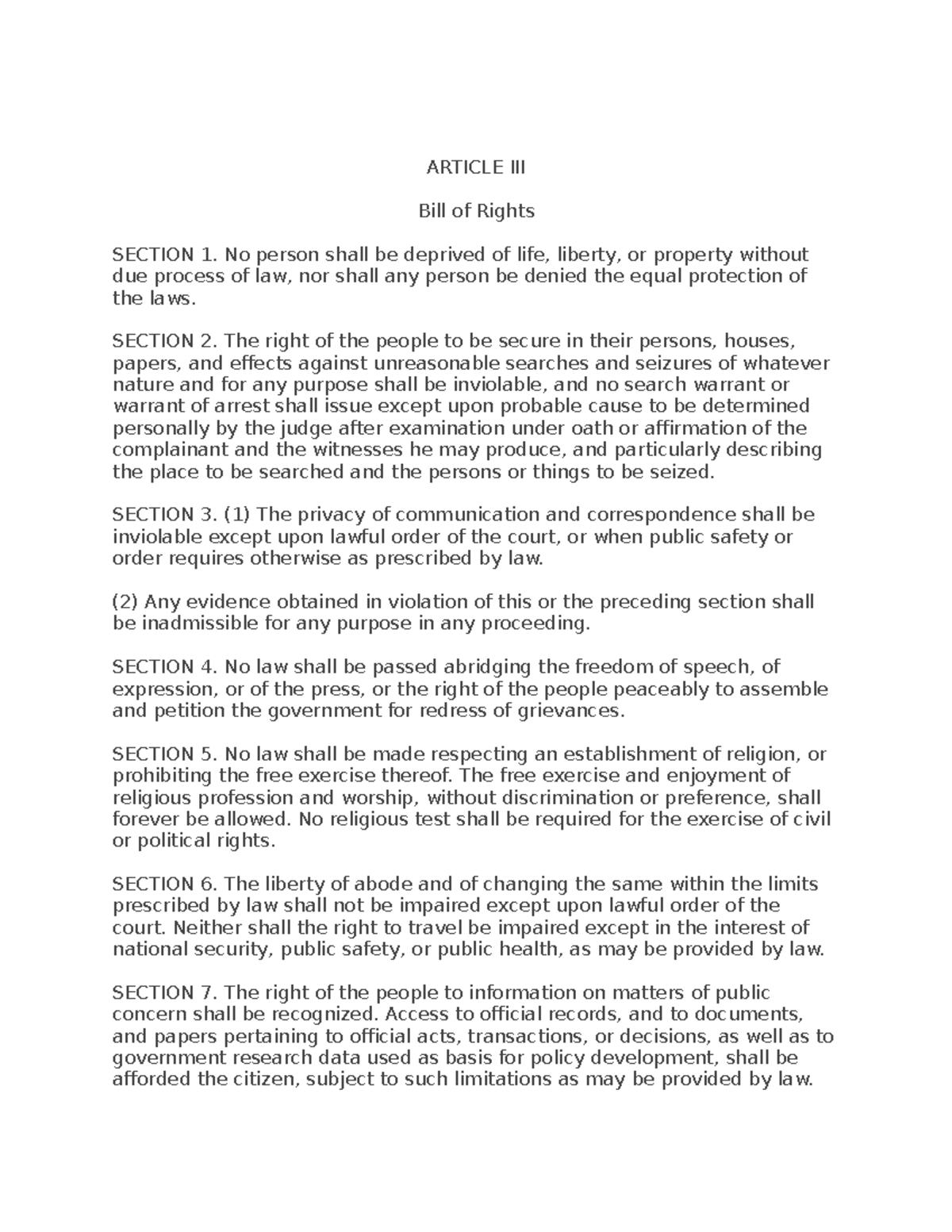 Bill of Rights - aeafssg - ARTICLE III Bill of Rights SECTION 1. No ...