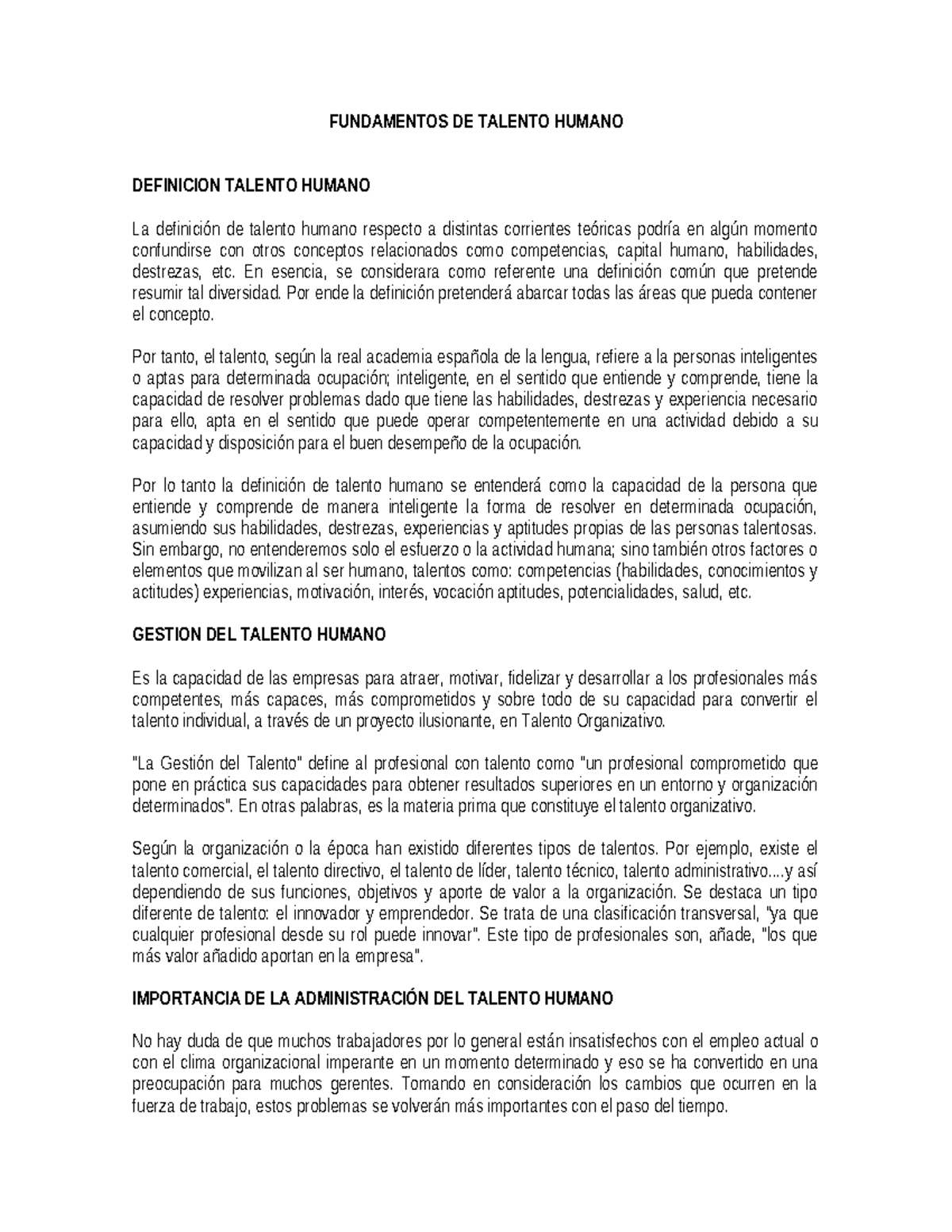 RECURSOS HUMANOS - FUNDAMENTOS DE TALENTO HUMANO DEFINICION TALENTO ...