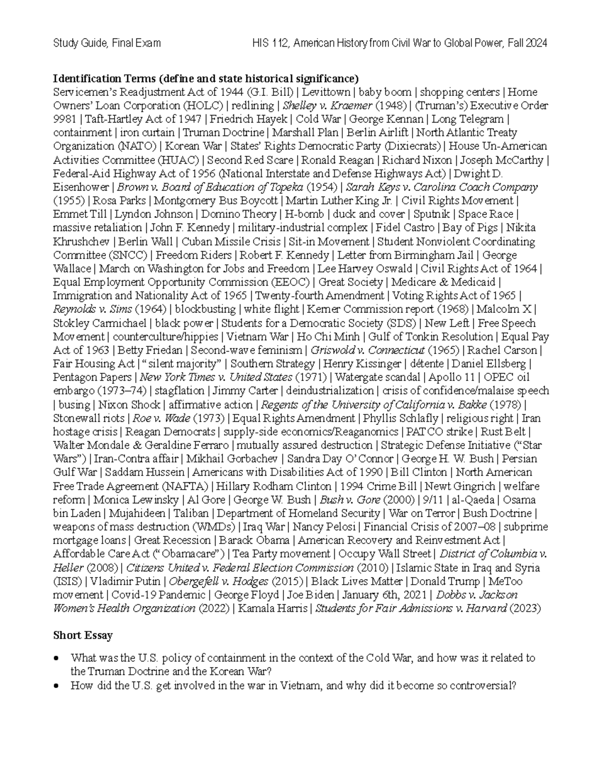 Study Guide, Final Exam, HIS 112, Fall 2024 (York) - Study Guide, Final ...