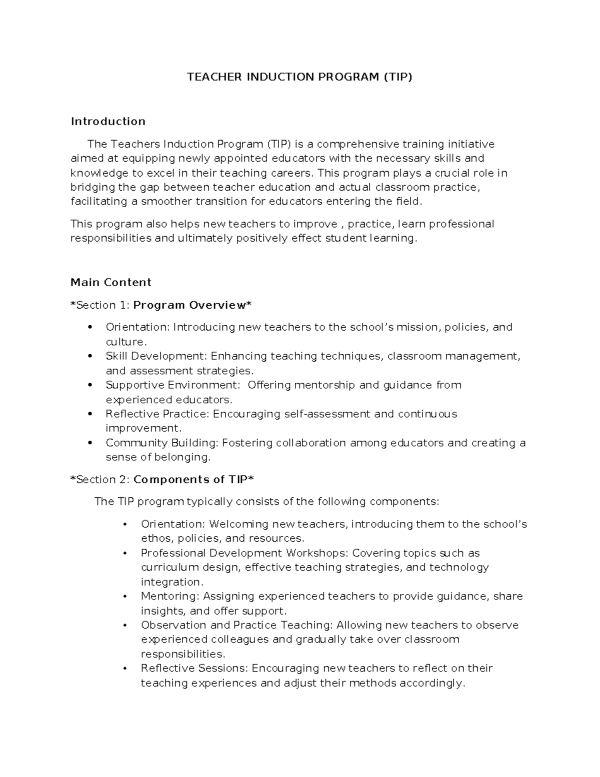 TIP FS 1 Ms W - ..... - TEACHER INDUCTION PROGRAM (TIP) Introduction The Teachers Induction ...