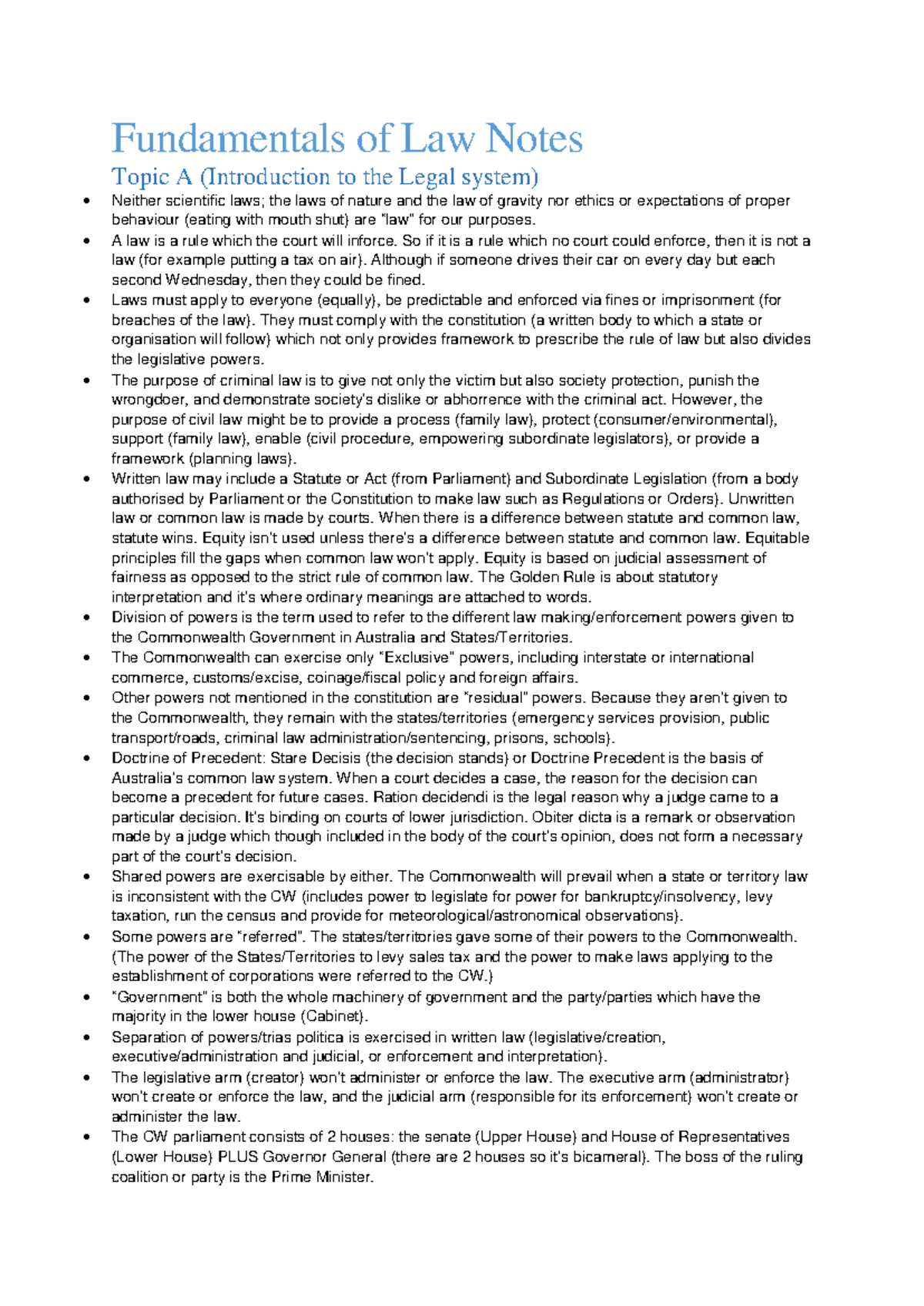 Fundamentals of law notes - Fundamentals of Law Notes Topic A ...
