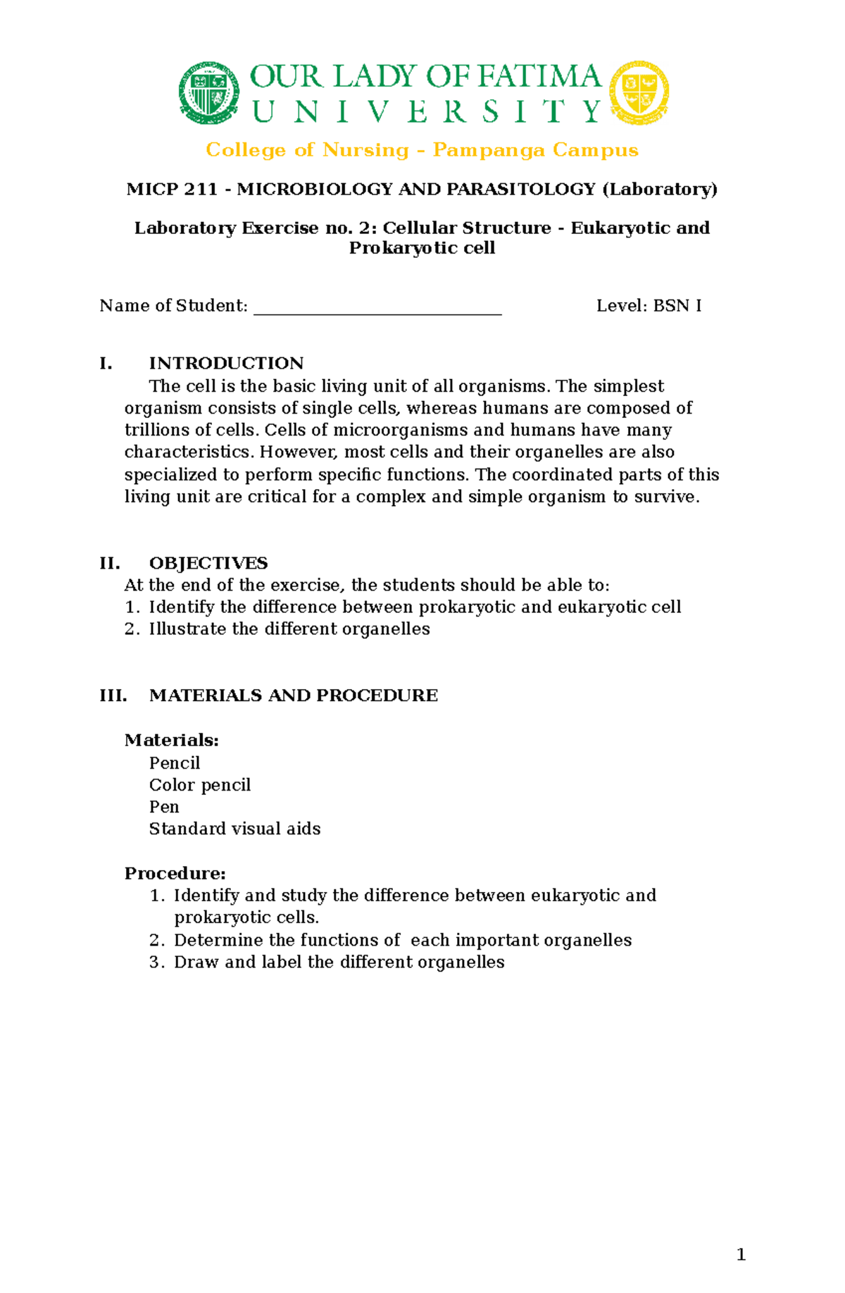 MICP211.LAB - Cellular Structure (Eukaryotic and Prokaryotic cell ...