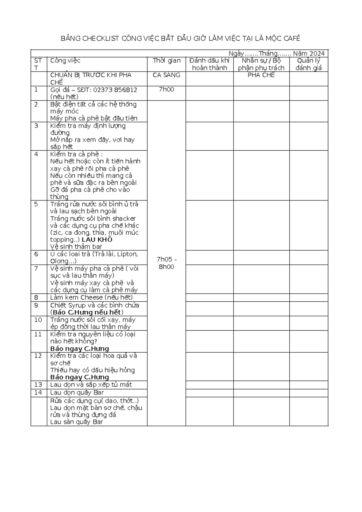 BẢNG Checklist CÔNG VIỆC BẮT ĐẦU GIỜ LÀM VIỆC CHO QUÁN CÀ PHÊ - BẢNG ...