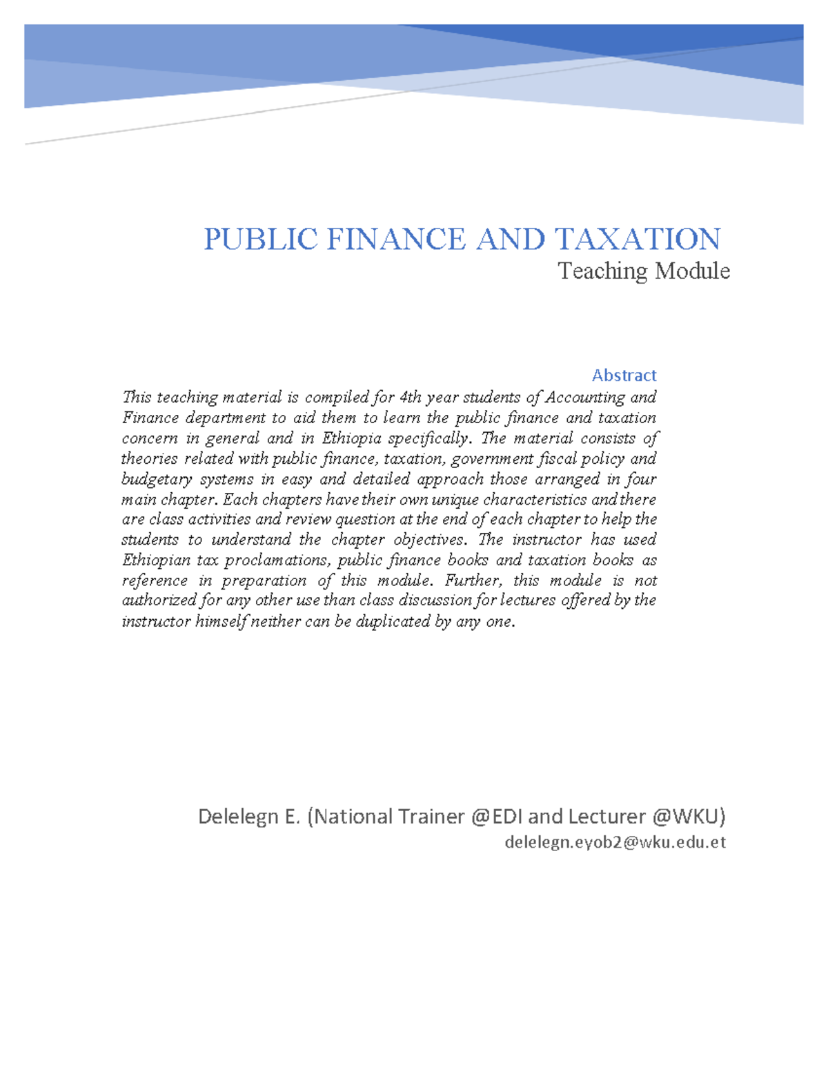 PFT Material 2 - PUBLIC FINANCE AND TAXATION Teaching Module Delelegn E ...
