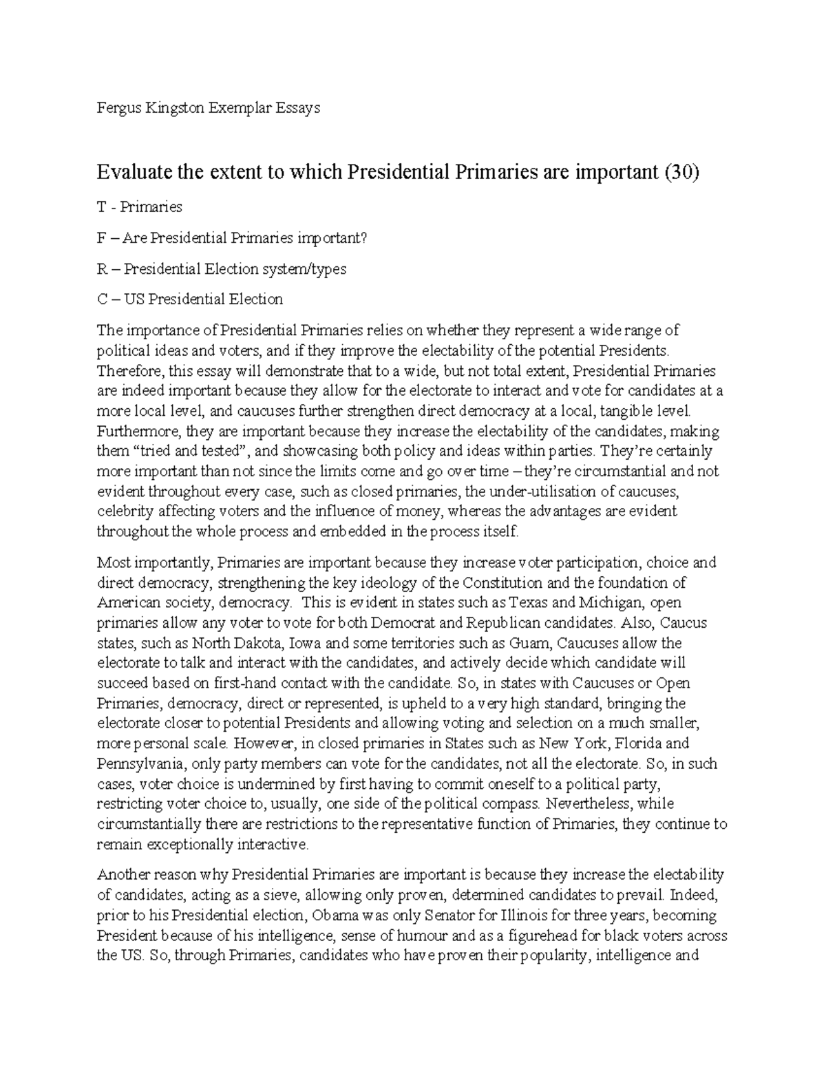 Exemplar Essays - Fergus Kingston Exemplar Essays Evaluate the extent ...