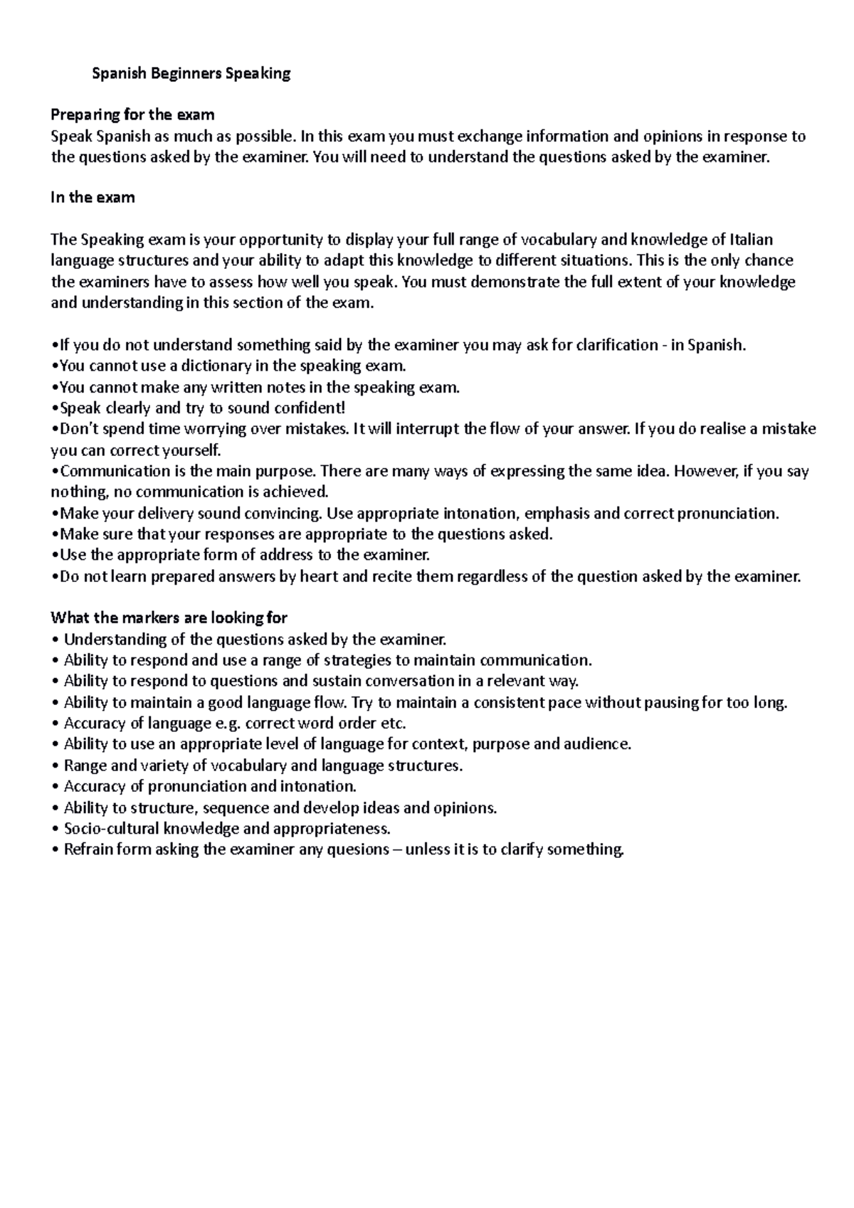 HSC SB Questions - Spanish Beginners Speaking Preparing for the exam ...