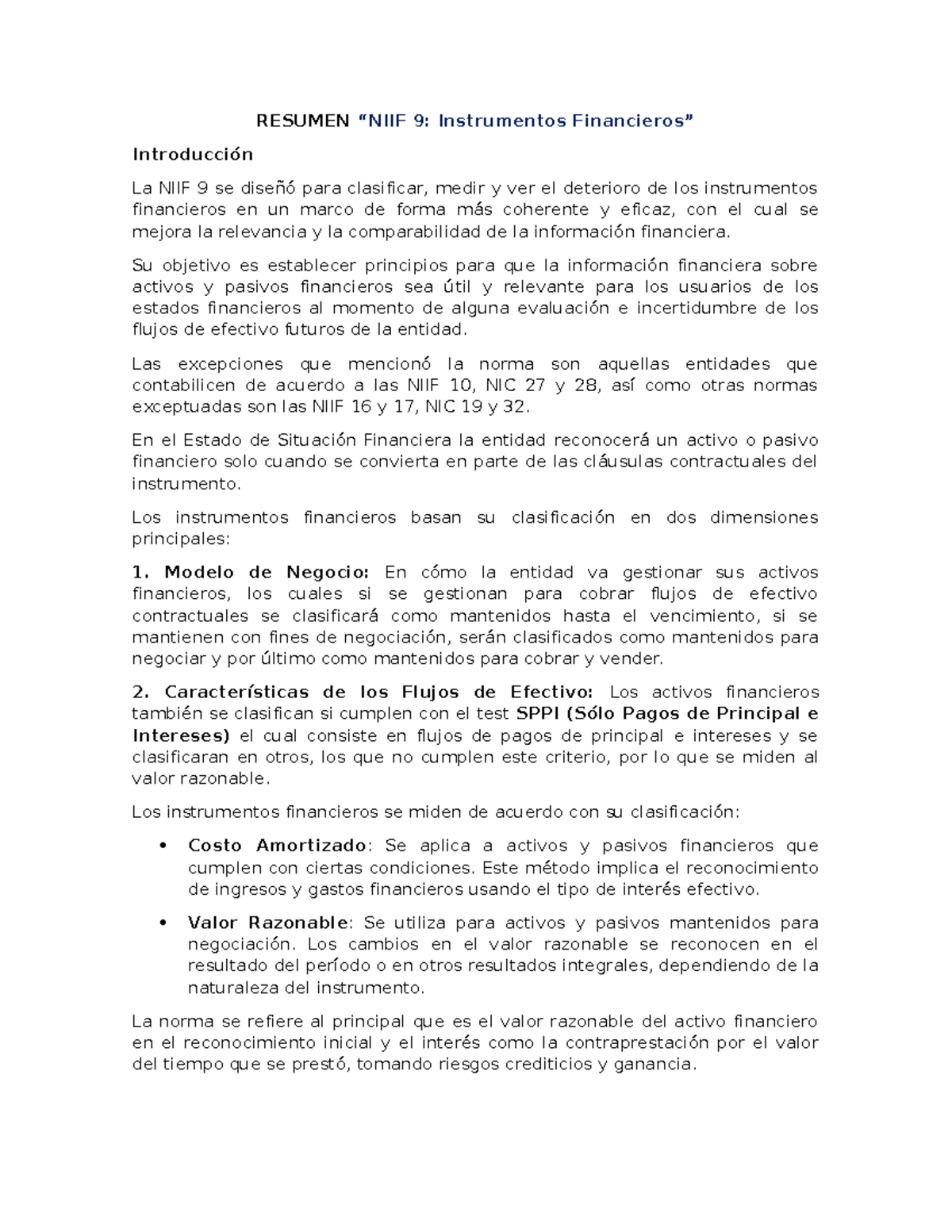Resumen NIIF 9 - copia - Otros - RESUMEN “NIIF 9: Instrumentos ...