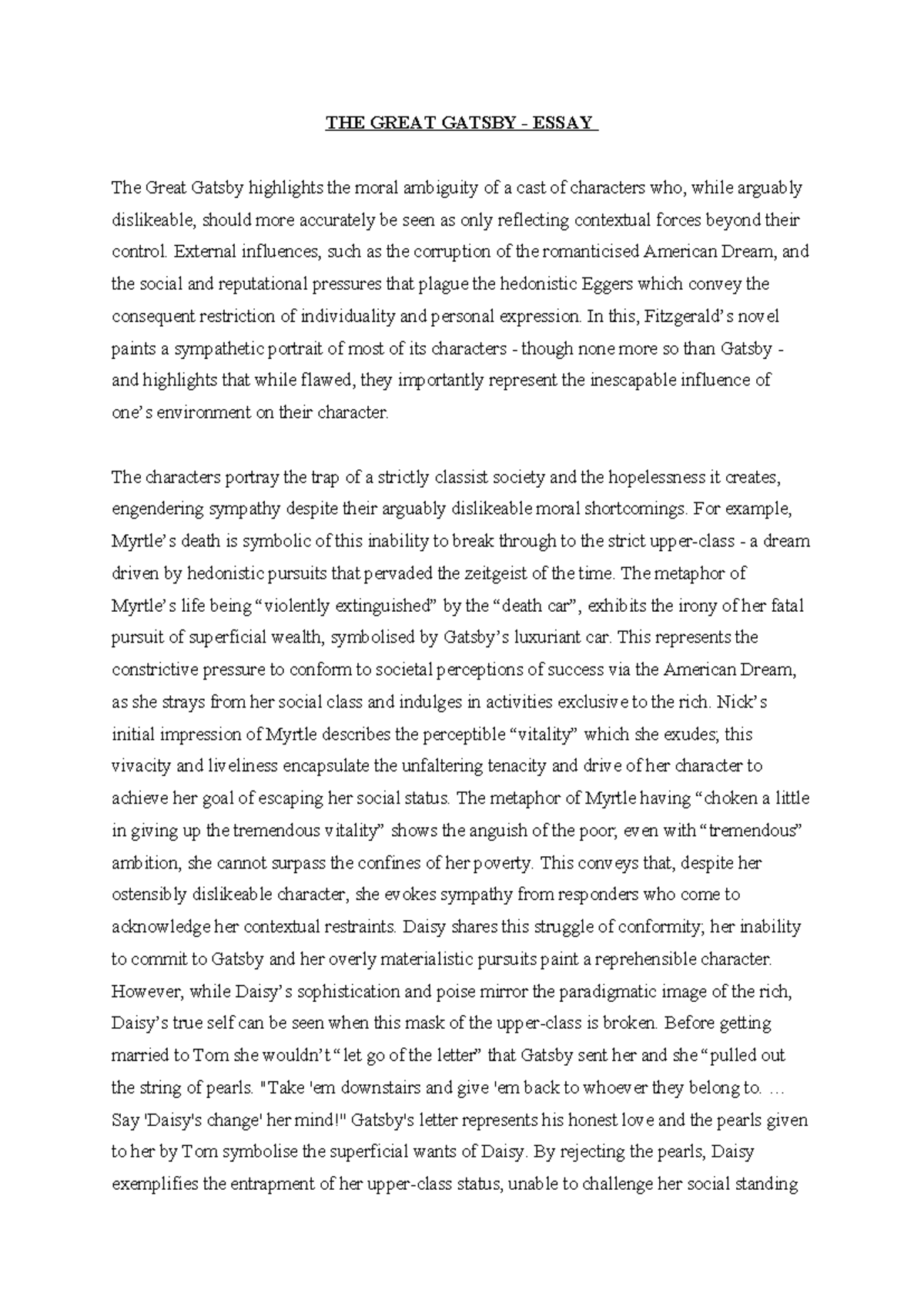 THE Great Gatsby Essay - THE GREAT GATSBY - ESSAY The Great Gatsby ...