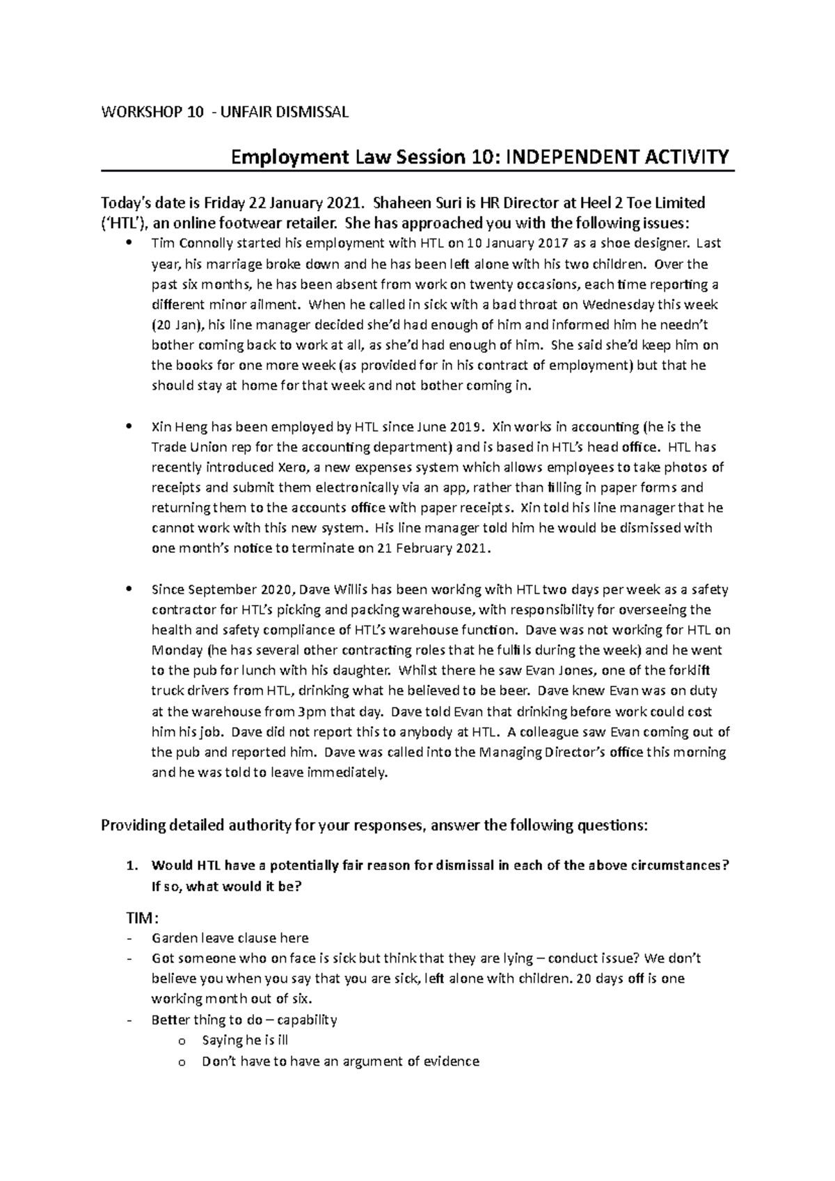 Unfair Dismissal workshop - WORKSHOP 10 - UNFAIR DISMISSAL Employment ...