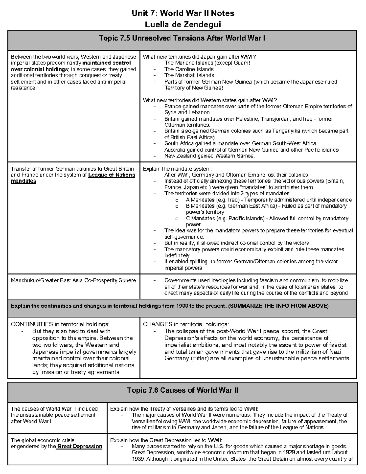 Unit 7 - WWII Guided Notes - Unit 7: World War II Notes Luella de ...