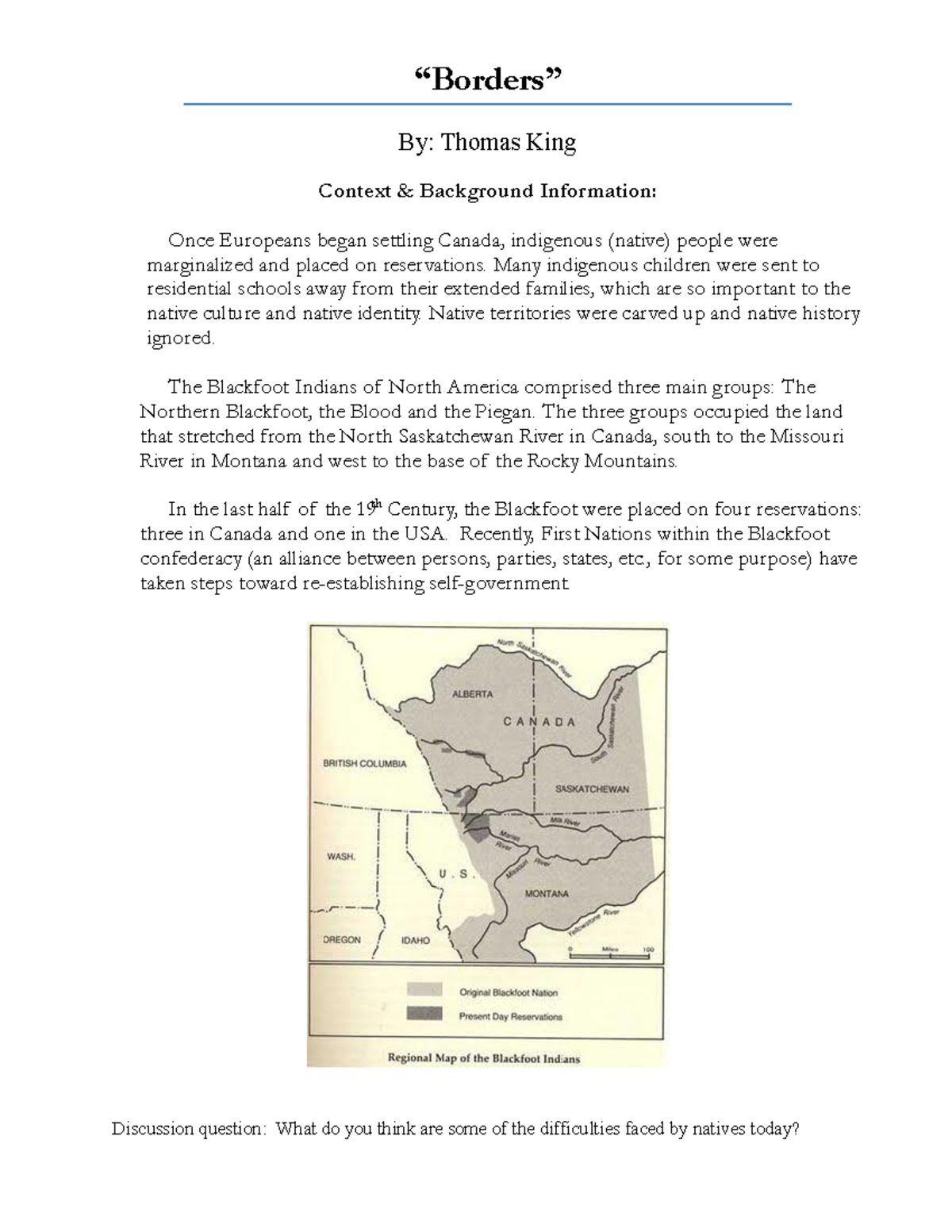 "Borders" By Thomas King Story and Handout