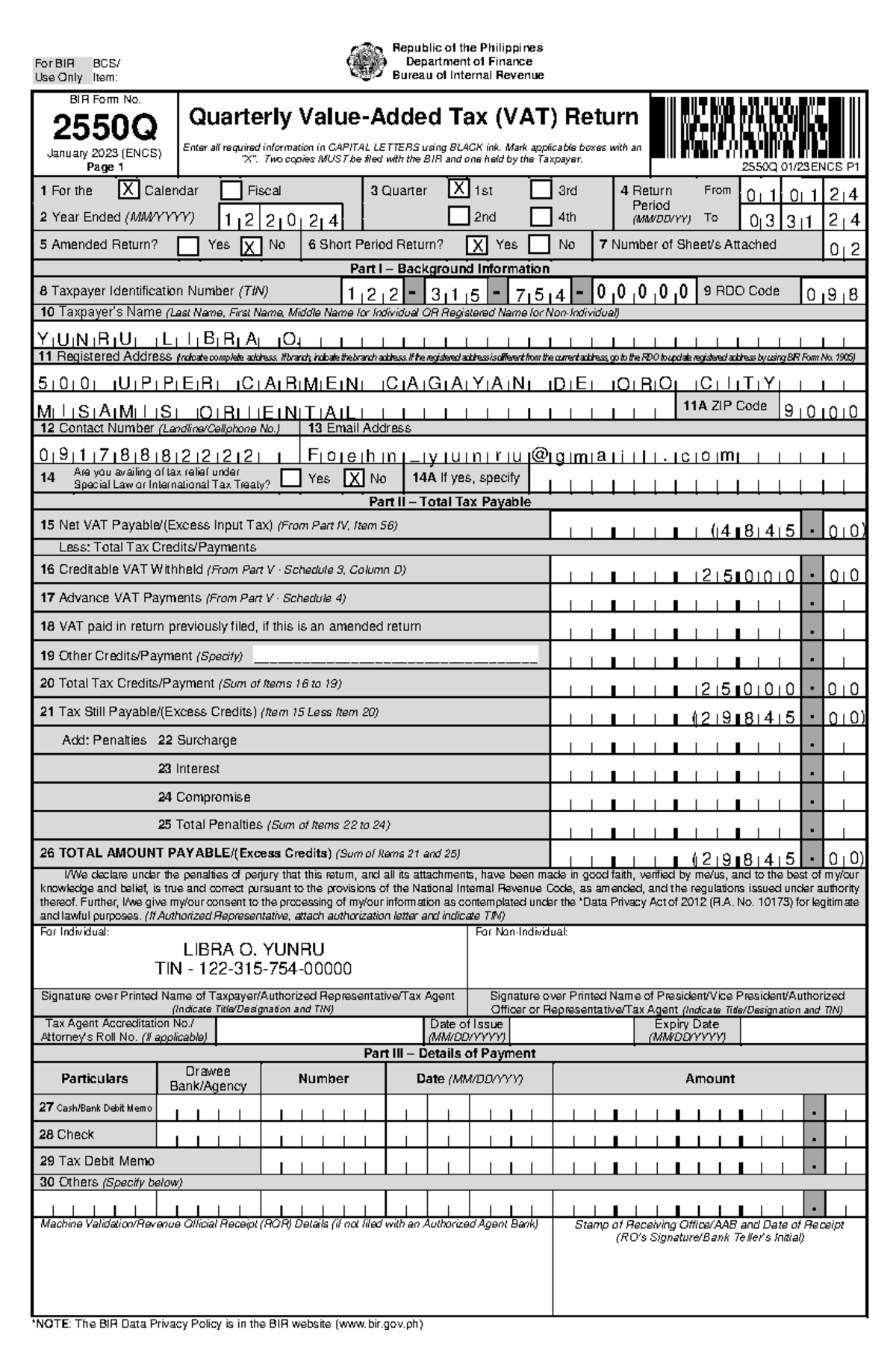 Q1-2550Q-January-2023ENCS Final - BIR Form No. 2550 Q January 2023 (ENCS) Page 1 Quarterly - Studocu
