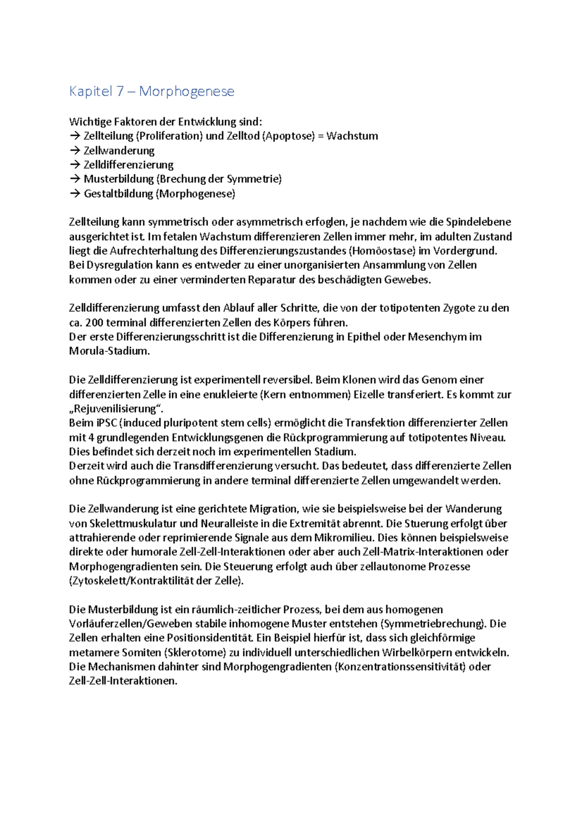 Kapitel 7 - Morphogenese Zusammenfassung - Kapitel 7 Faktoren der ...