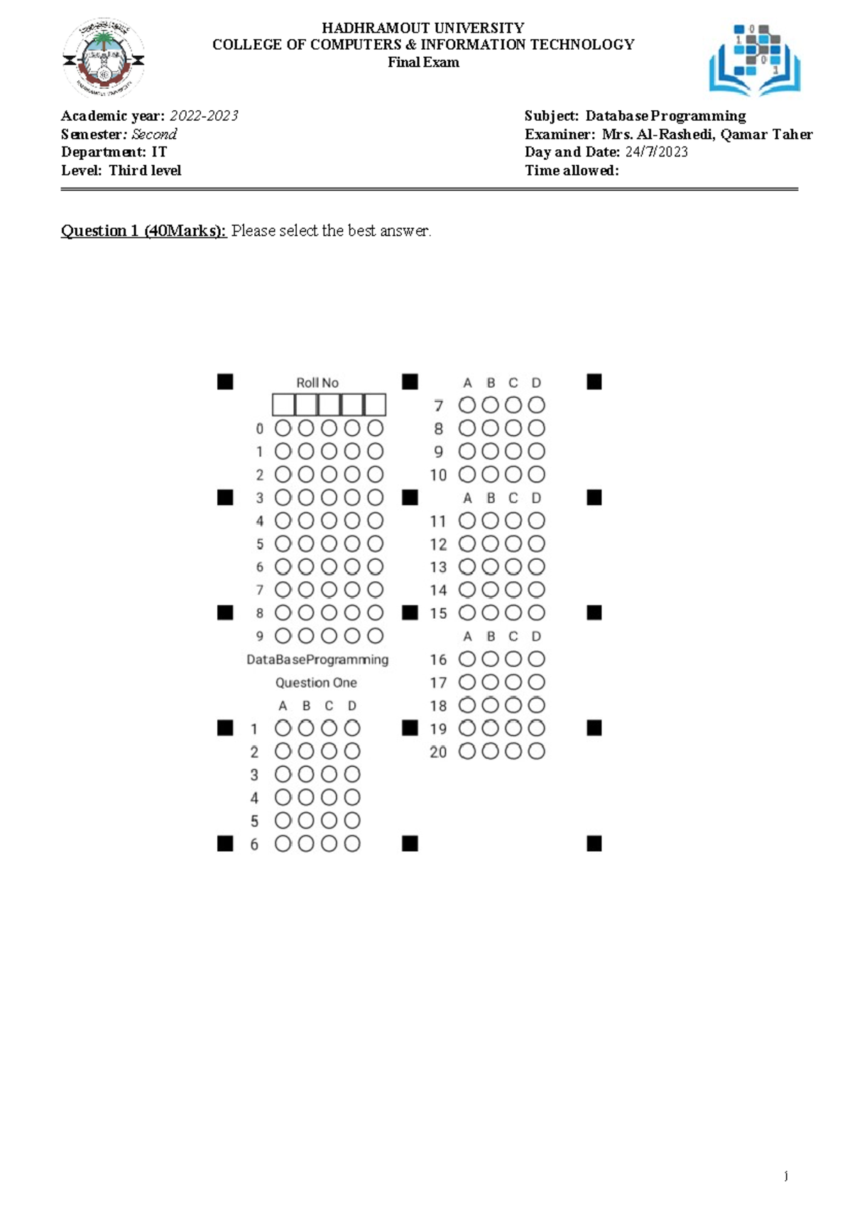 Final Exam DBP Solution - HADHRAMOUT UNIVERSITY COLLEGE OF COMPUTERS ...