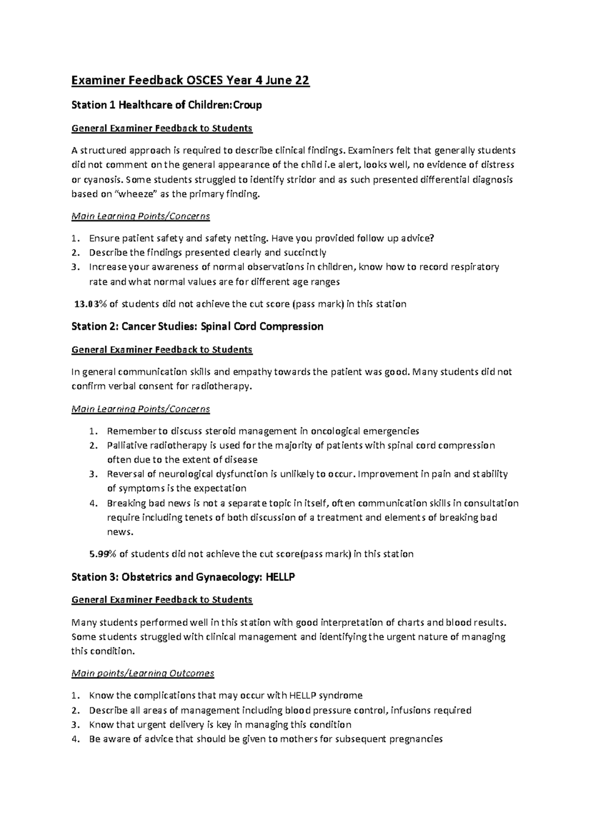 Y4 OSCE Feedback 2022 - Examiner Feedback OSCES Year 4 June 22 Station ...