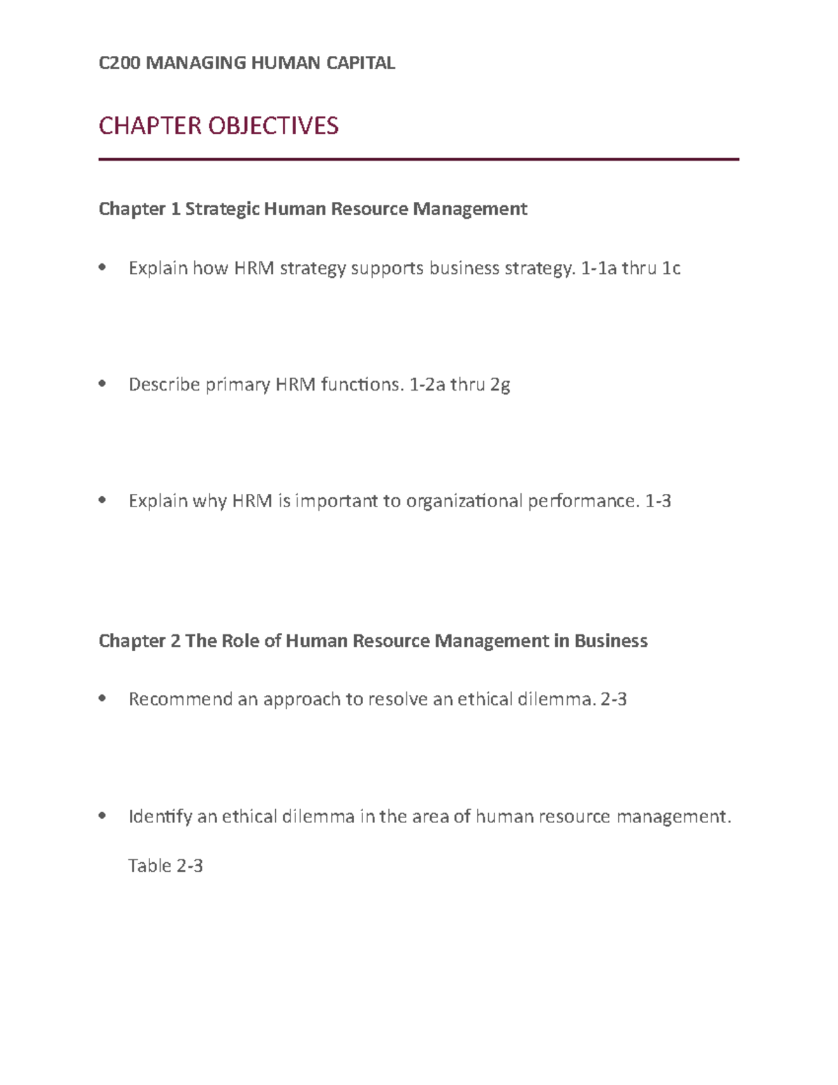 Chapter Objectives-Study Guide - C200 MANAGING HUMAN CAPITAL CHAPTER ...