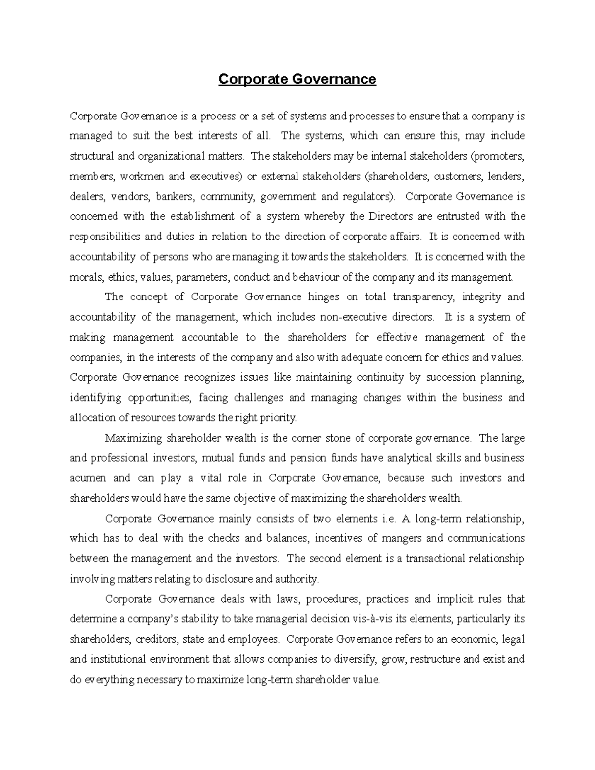 Corporate Governance - Corporate Governance Corporate Governance is a ...