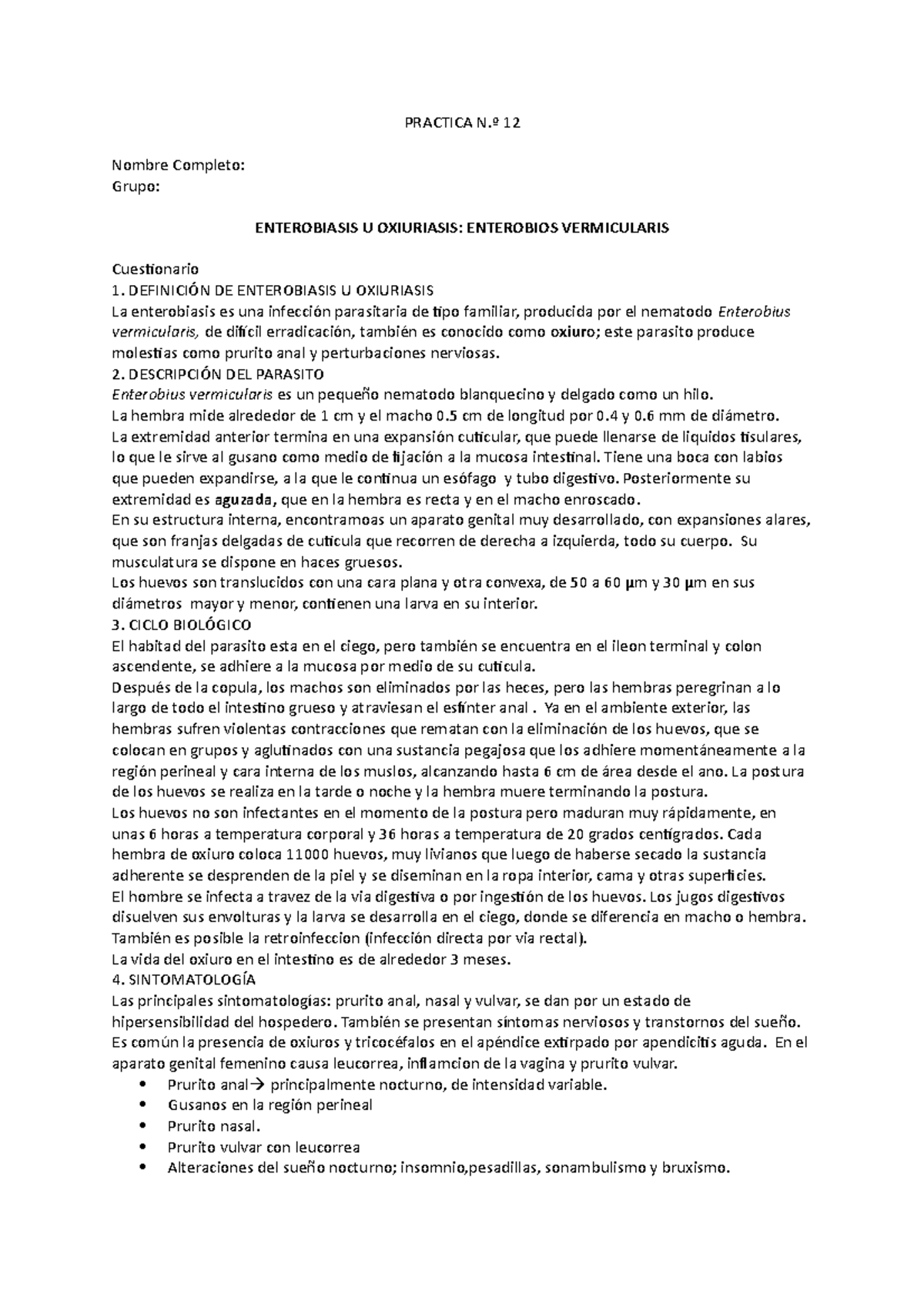Practica N12 ENTEROBIASIS - PRACTICA N.º 12 Nombre Completo: Grupo ...