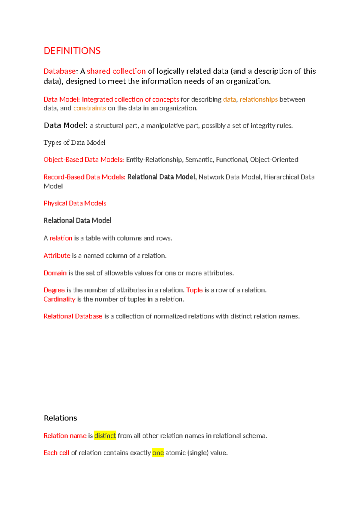 Quiz - adaa - DEFINITIONS Database: A shared collection of logically related data (and a ...