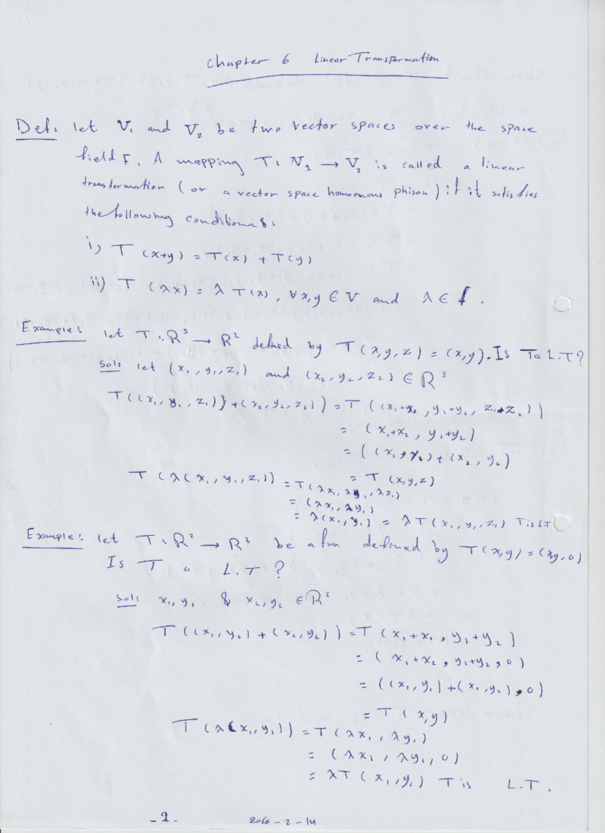 LACH6 - Linear algebra - chapter 6 Linear Transformation Def. let V, and V2 2 be two vector ...