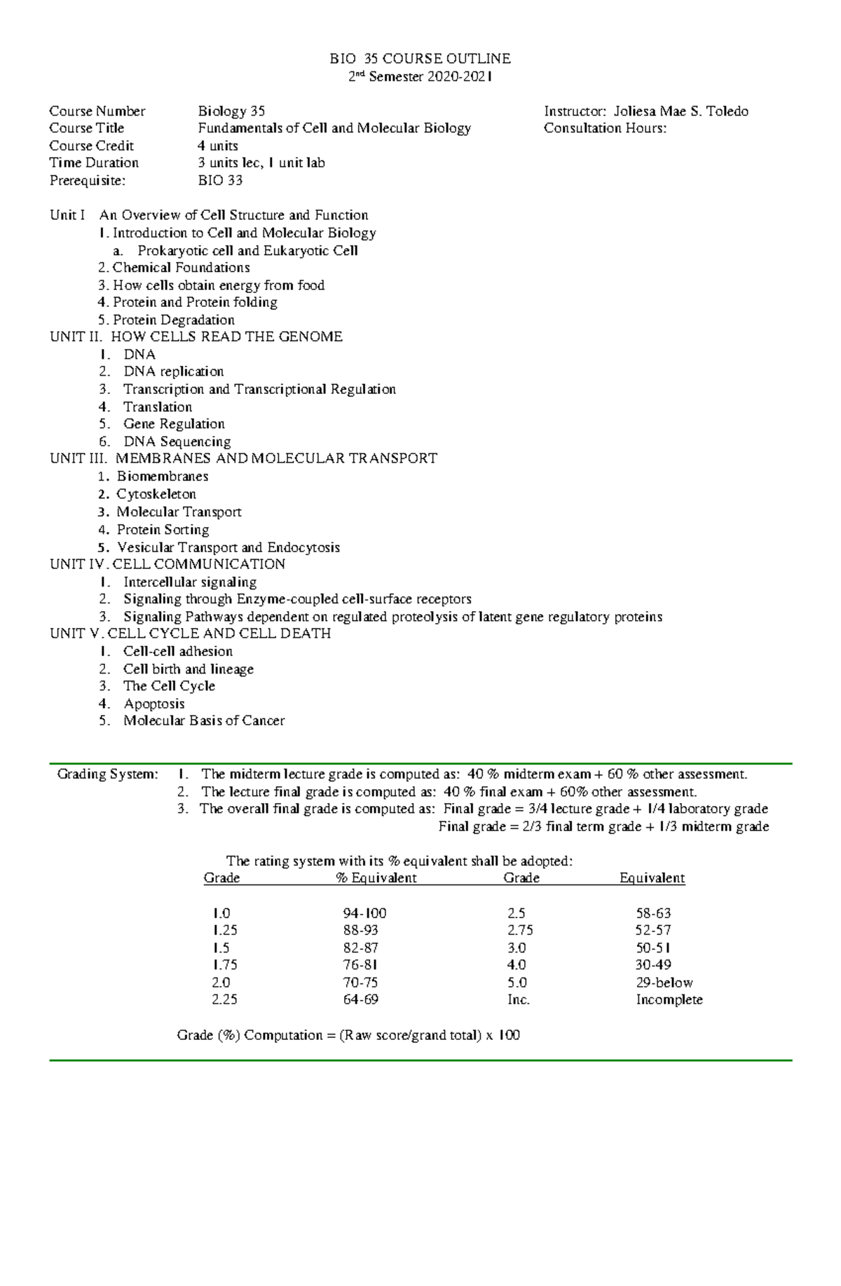 Bio 35 course outline - BIO 35 COURSE OUTLINE 2 nd Semester 2020 - 2021 ...