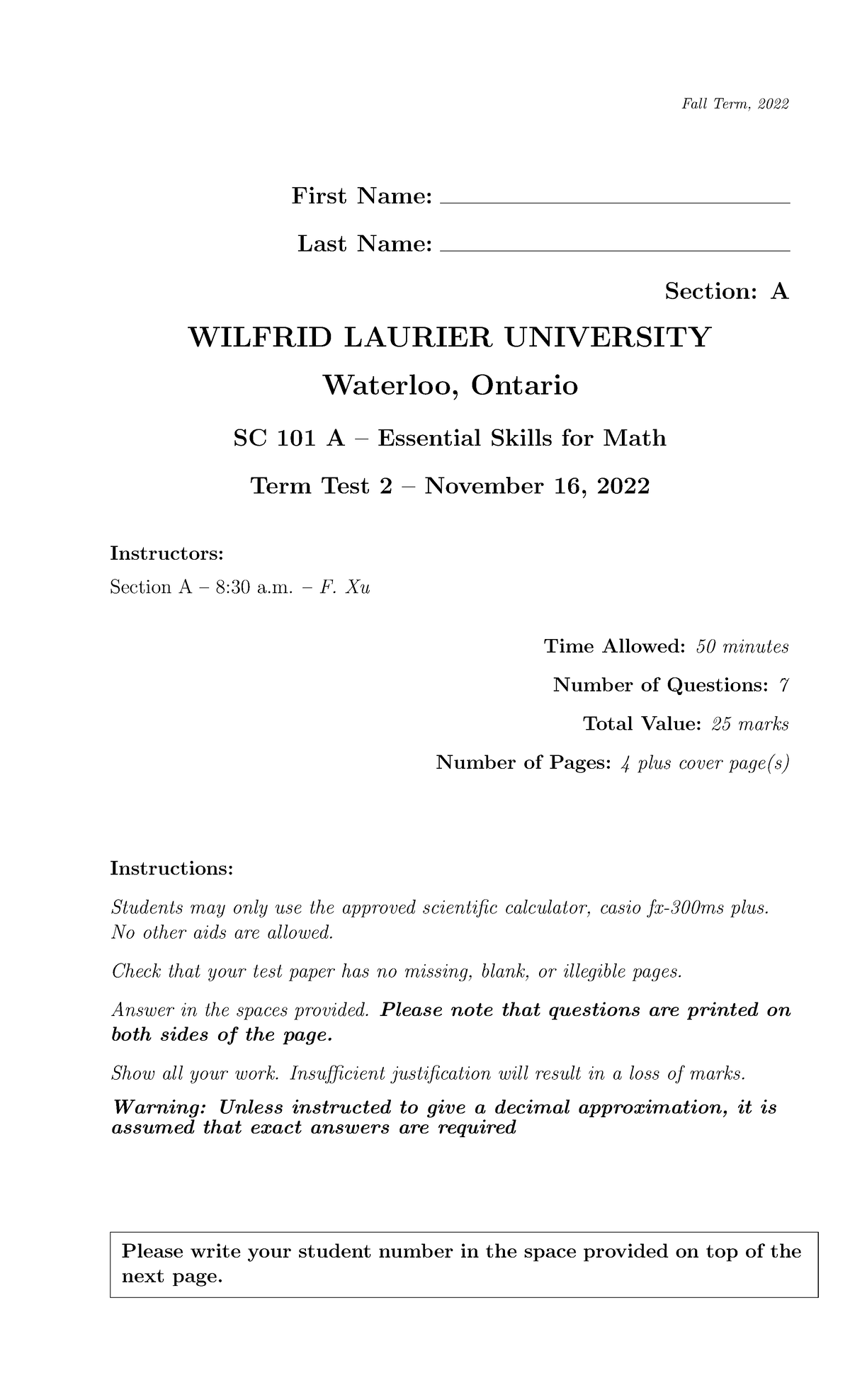 Midterm-2-SC101A-2022 -Fall - Solution - Fall Term, 2022 First Name: Last Name: Section: A ...