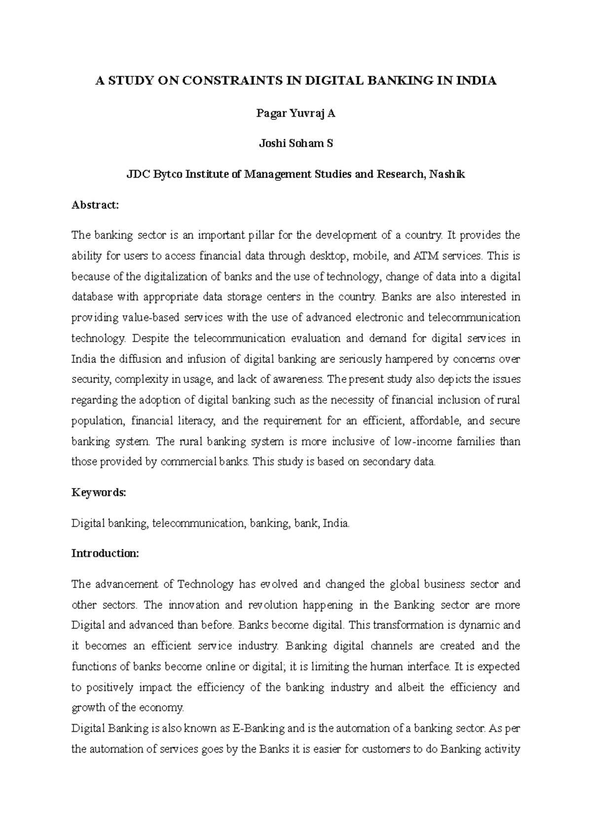 A Study ON Constraints IN Digital Banking IN India - A STUDY ON ...