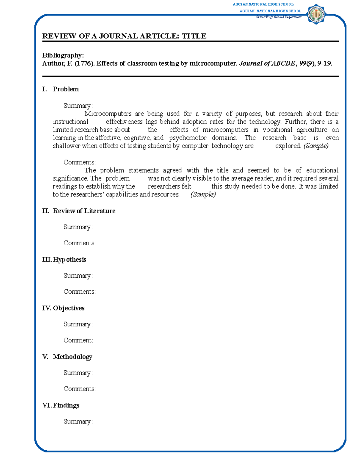 Critique- Paper- Format - AGUSAN NATIONAL HIGH SCHOOL AGUSAN NATIONAL ...