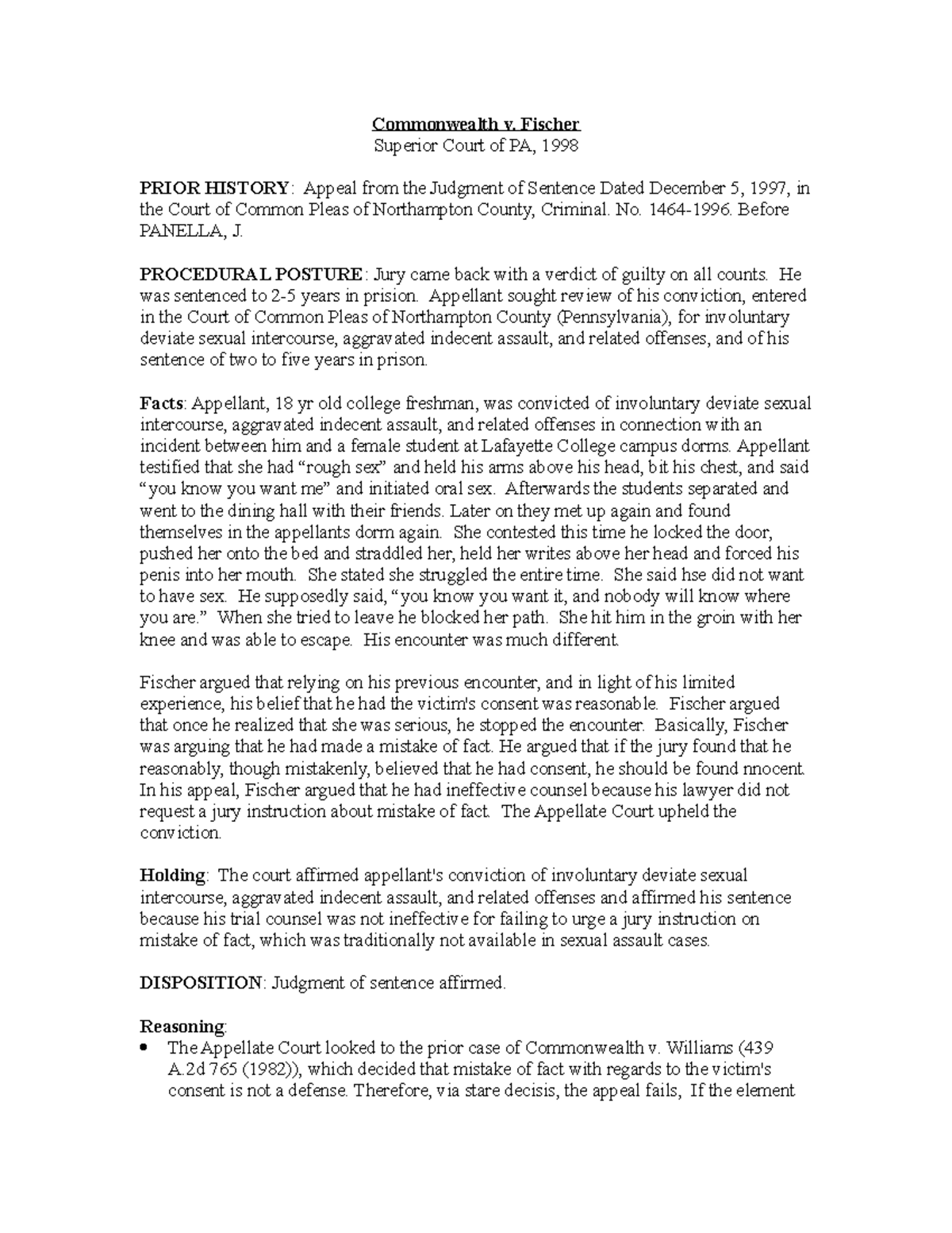 Commonwealth v fischer Criminal Law Case brief - Commonwealth v ...