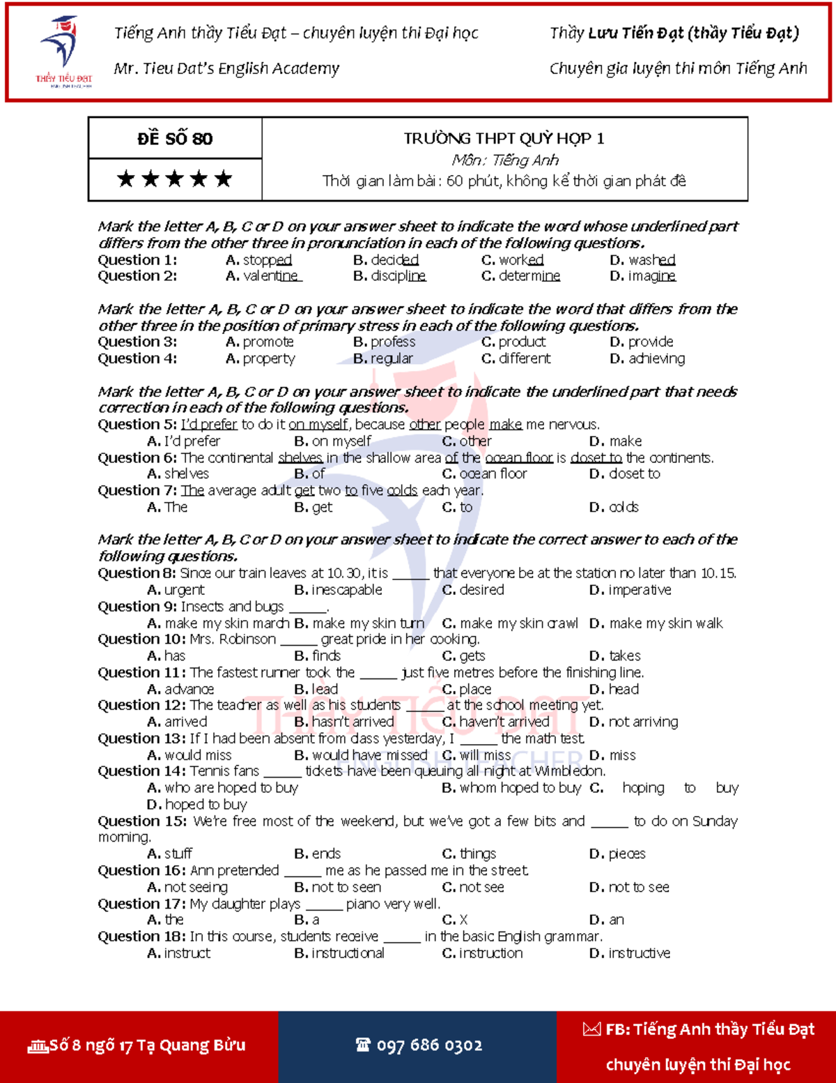 ĐỀ SỐ 80 - huong dan hoc tieng anh - Mr. Tieu Dat’s English Academy ChuyÍn gia luyện thi mÙn ...