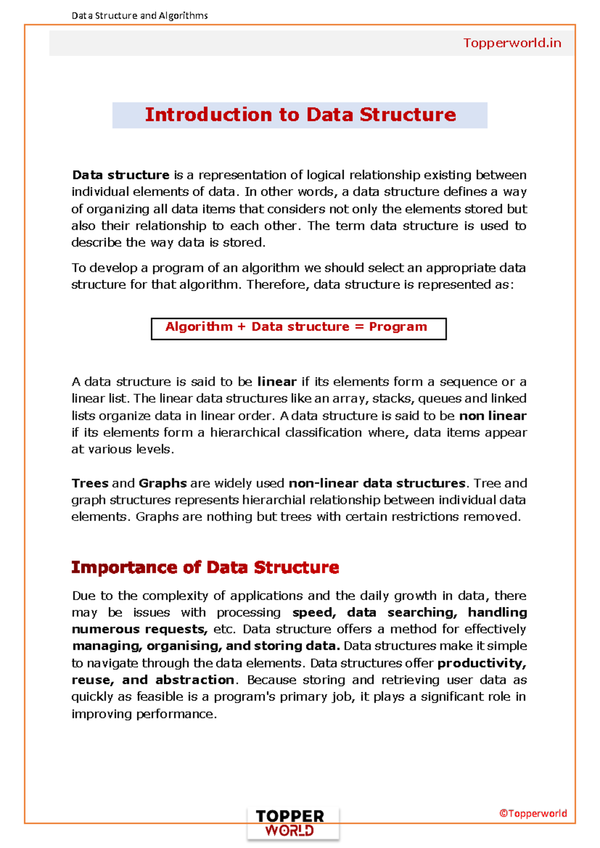DSA introduction and solutions - Topperworld Introduction to Data ...