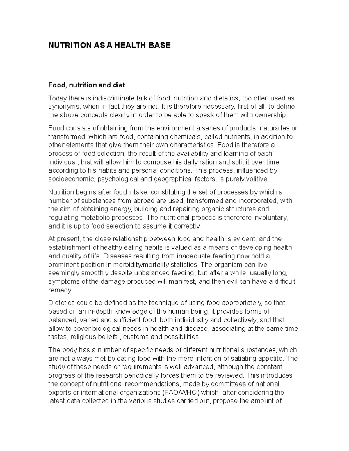 Nutrition as a health base - NUTRITION AS A HEALTH BASE Food, nutrition ...