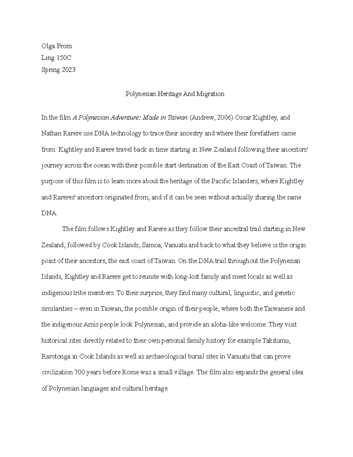 Writing assignment 1 - Olga From Ling 150C Spring 2023 Polynesian ...