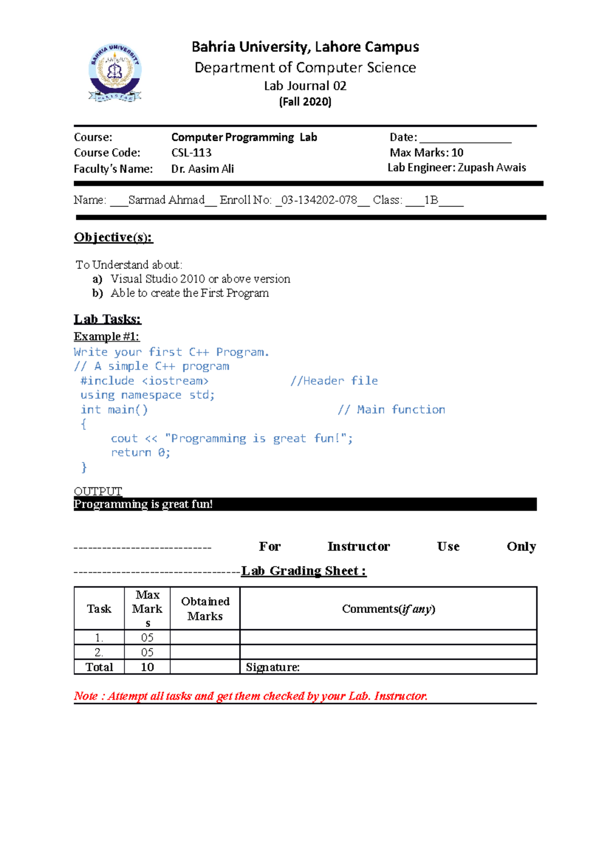 Computer Nprogramming Assignment - Bahria University, Lahore Campus Department of Computer ...