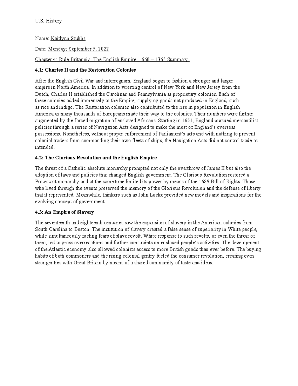 U.S. History - Chapter 4 Summary - U. History Name: Kaitlynn Stubbs ...