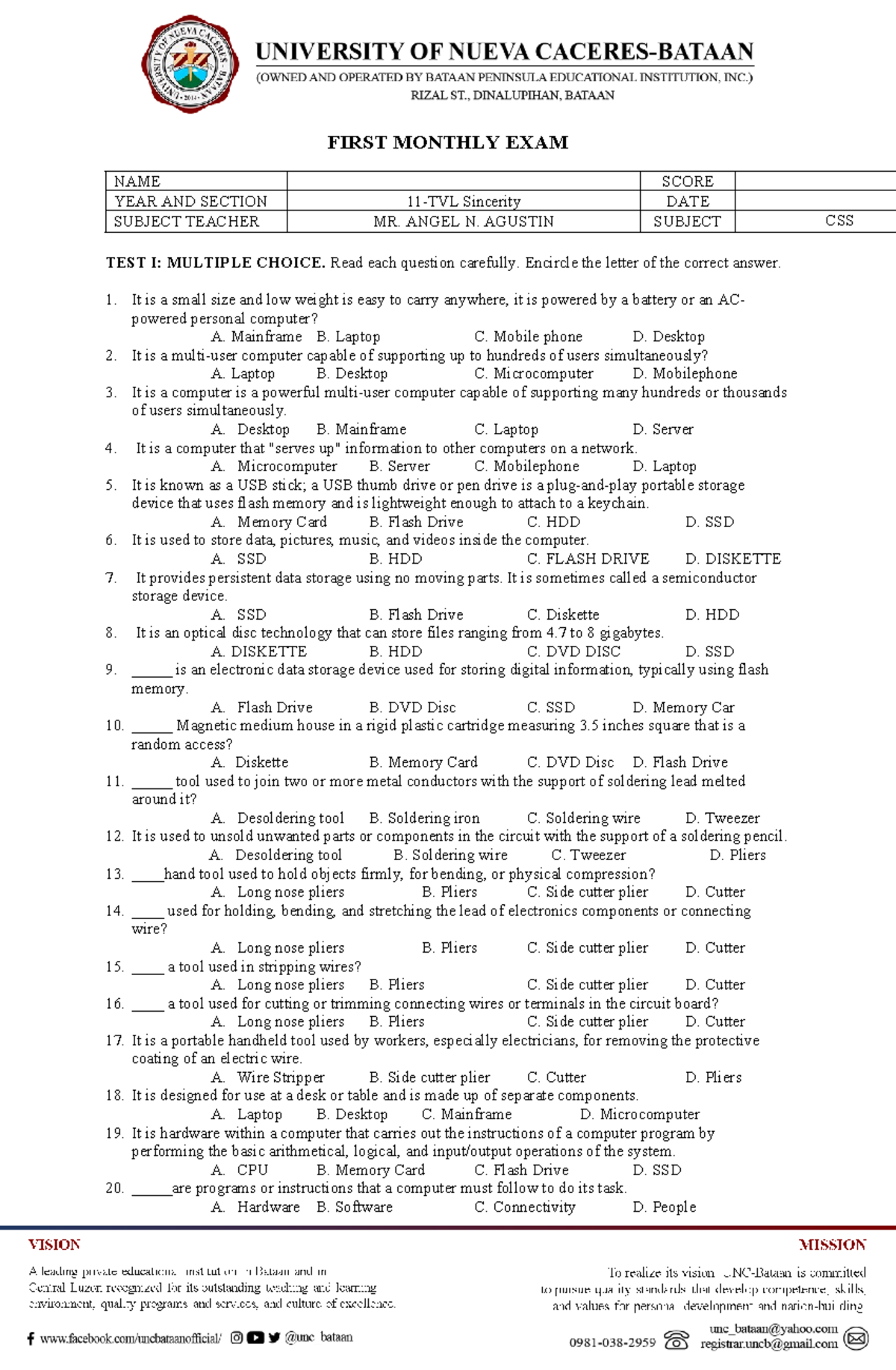 1st Monthly Exam CHS11 - HAPPY - FIRST MONTHLY EXAM NAME SCORE YEAR AND ...