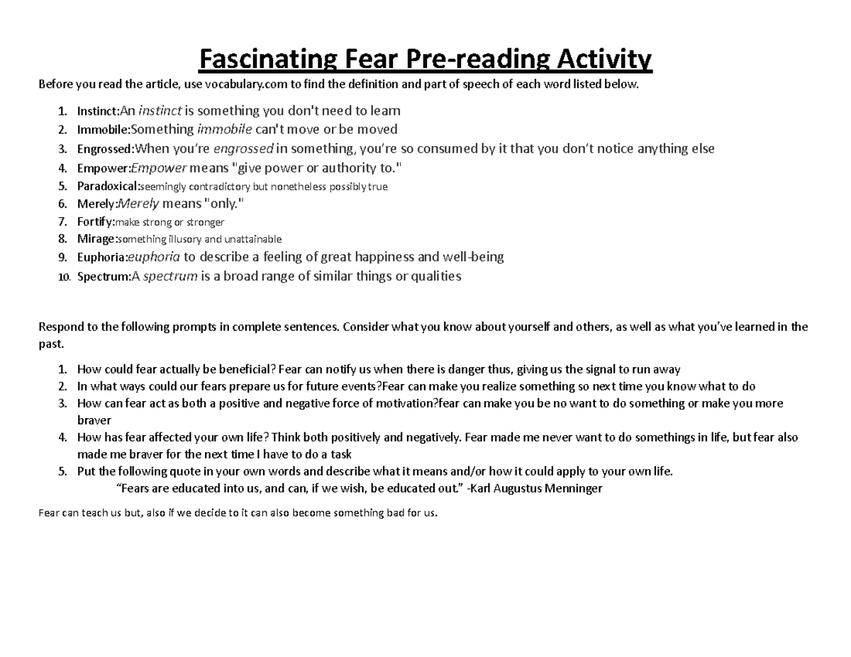 Ben H - Fascinating Fear Pre-reading Activity - Fascinating Fear Pre ...