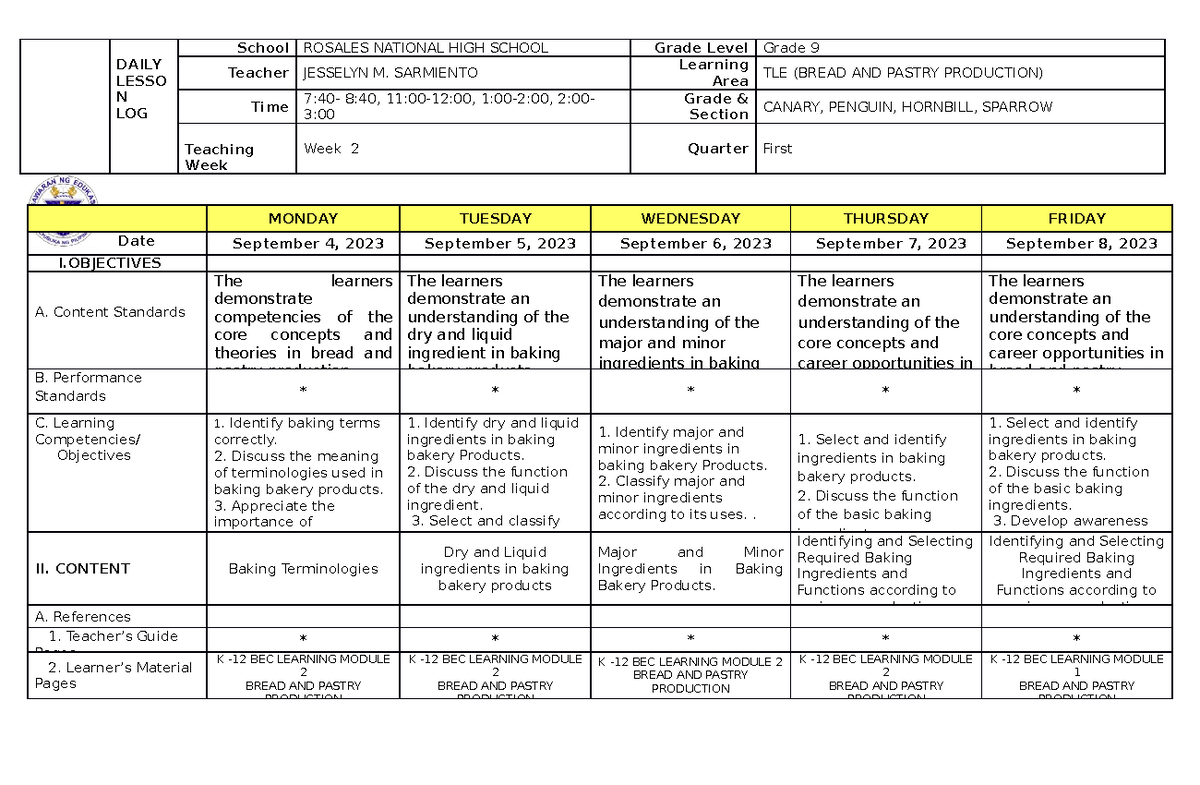 DLL9 BPP First Quarter w2 - MONDAY TUESDAY WEDNESDAY THURSDAY FRIDAY ...