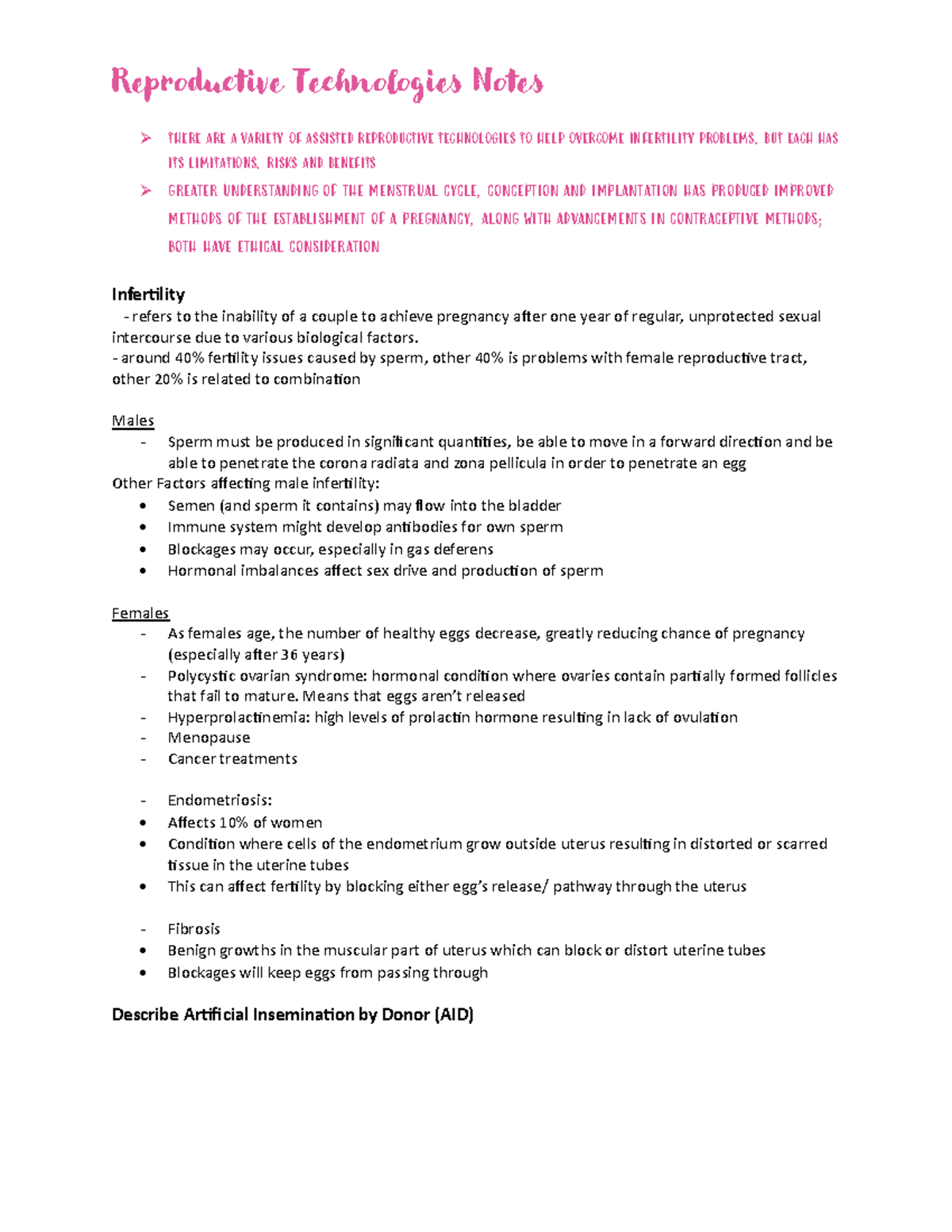 Reproductive Technologies Notes - there are a variety of assisted ...