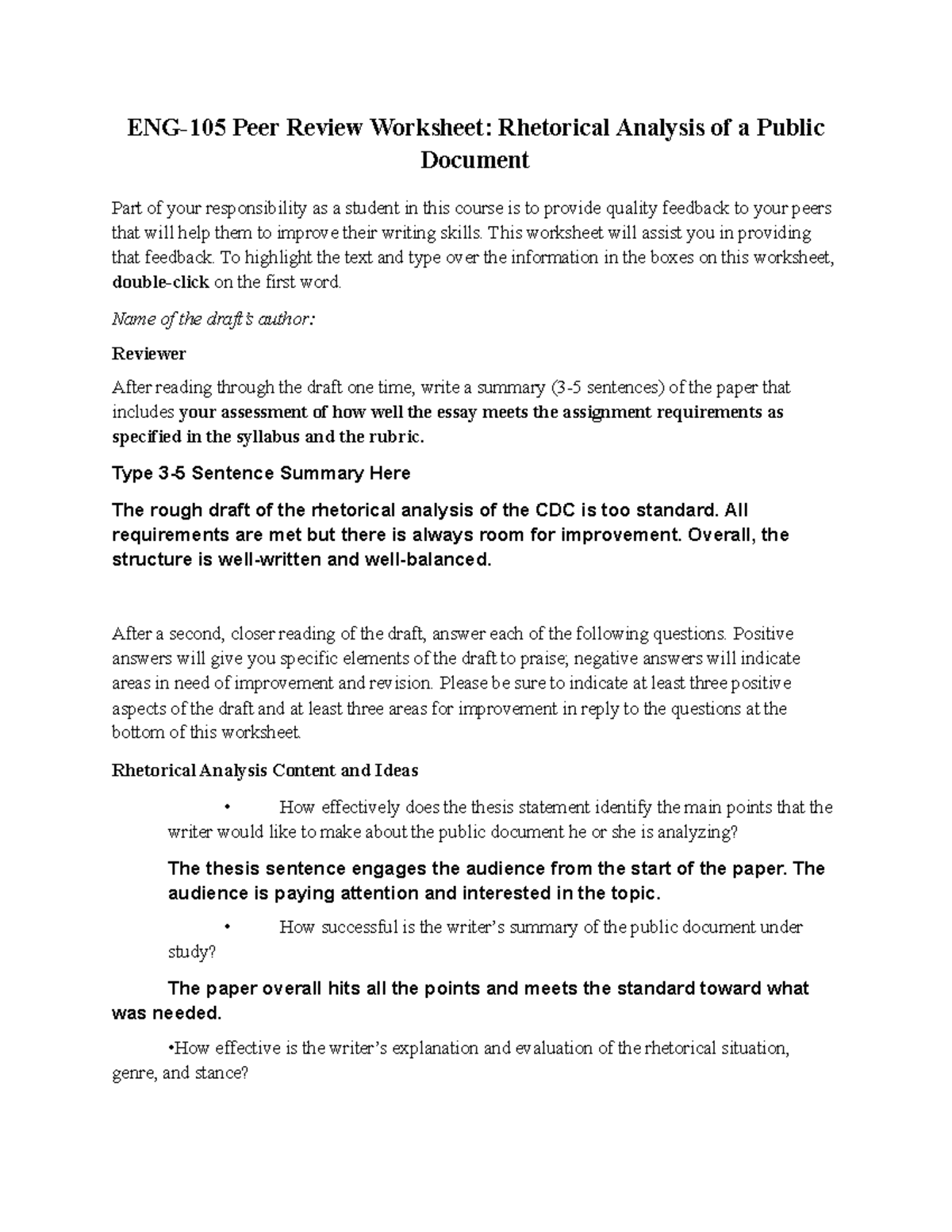 ENG-105-RS-Rhetorical Analysis Peer Review Worksheet Onli - ENG-105 ...