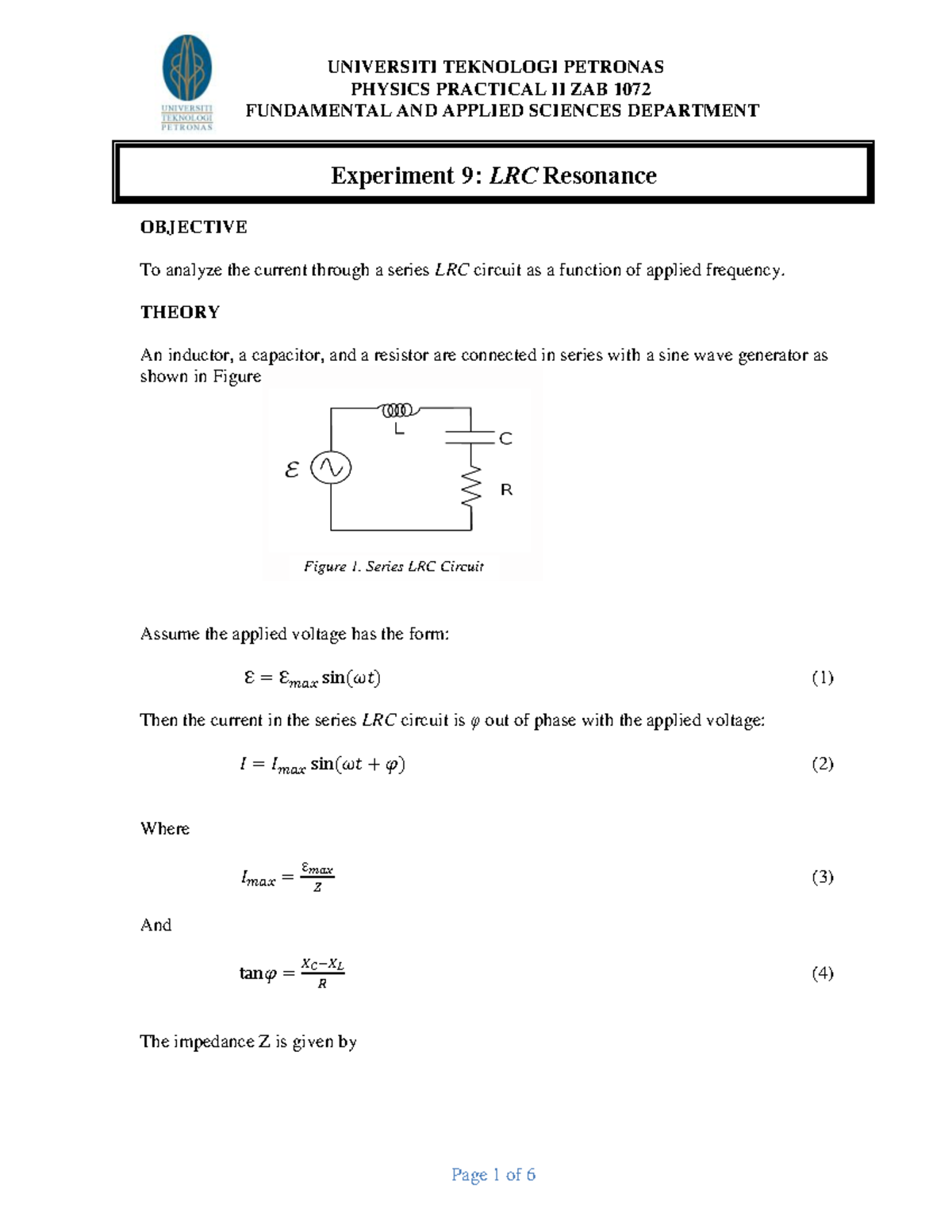 Experiment 9 LRC Resonance - PHYSICS PRACTICAL II ZAB 1072 FUNDAMENTAL ...