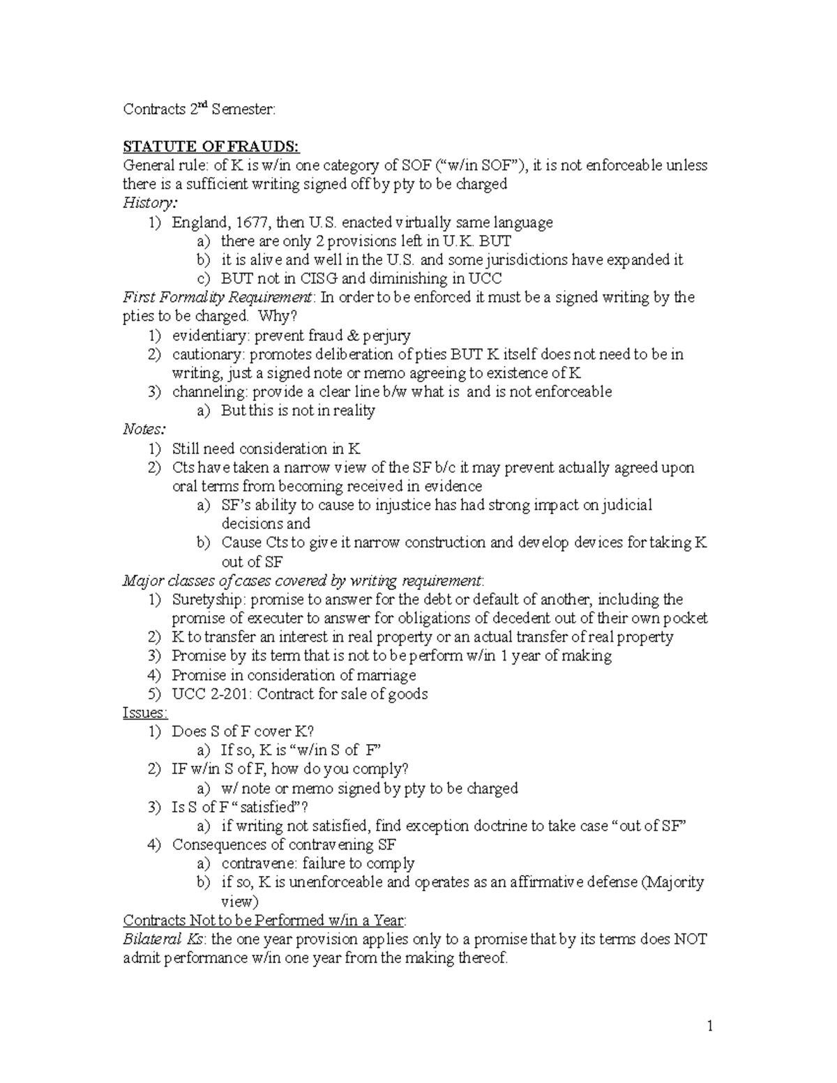 Contracts Outline - Bender II - Contracts 2nd Semester: STATUTE OF ...