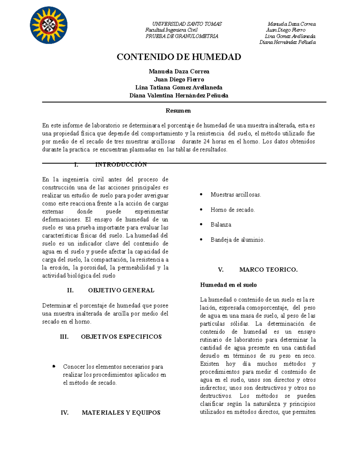 Informe Contenido de Humedad - Facultad Ingeniera Civil Juan Diego ...