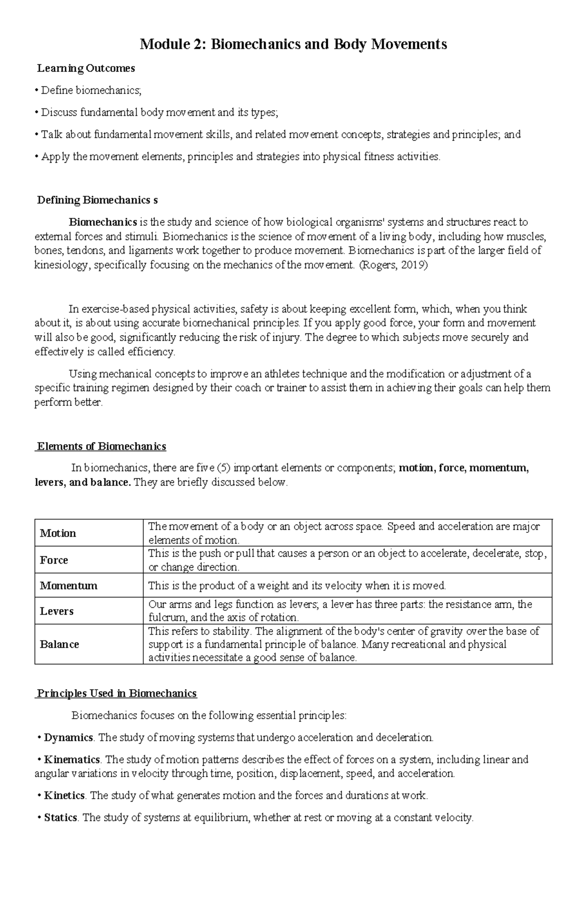 Module-2 - Module 2: Biomechanics and Body Movements Learning Outcomes ...