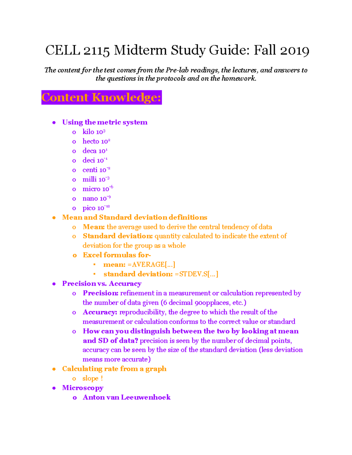 Cell Lab Midterm Study Guide - CELL 2115 Midterm Study Guide: Fall 2019 ...