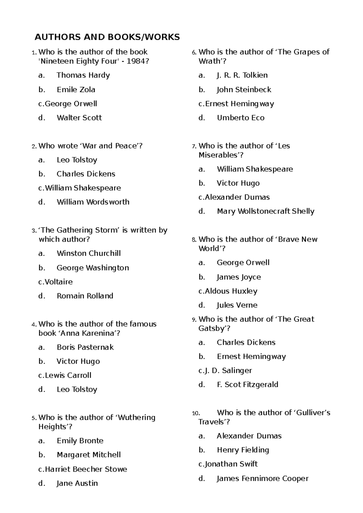 World Literature Questionnaire Part2 - AUTHORS AND BOOKS/WORKS 1. Who ...