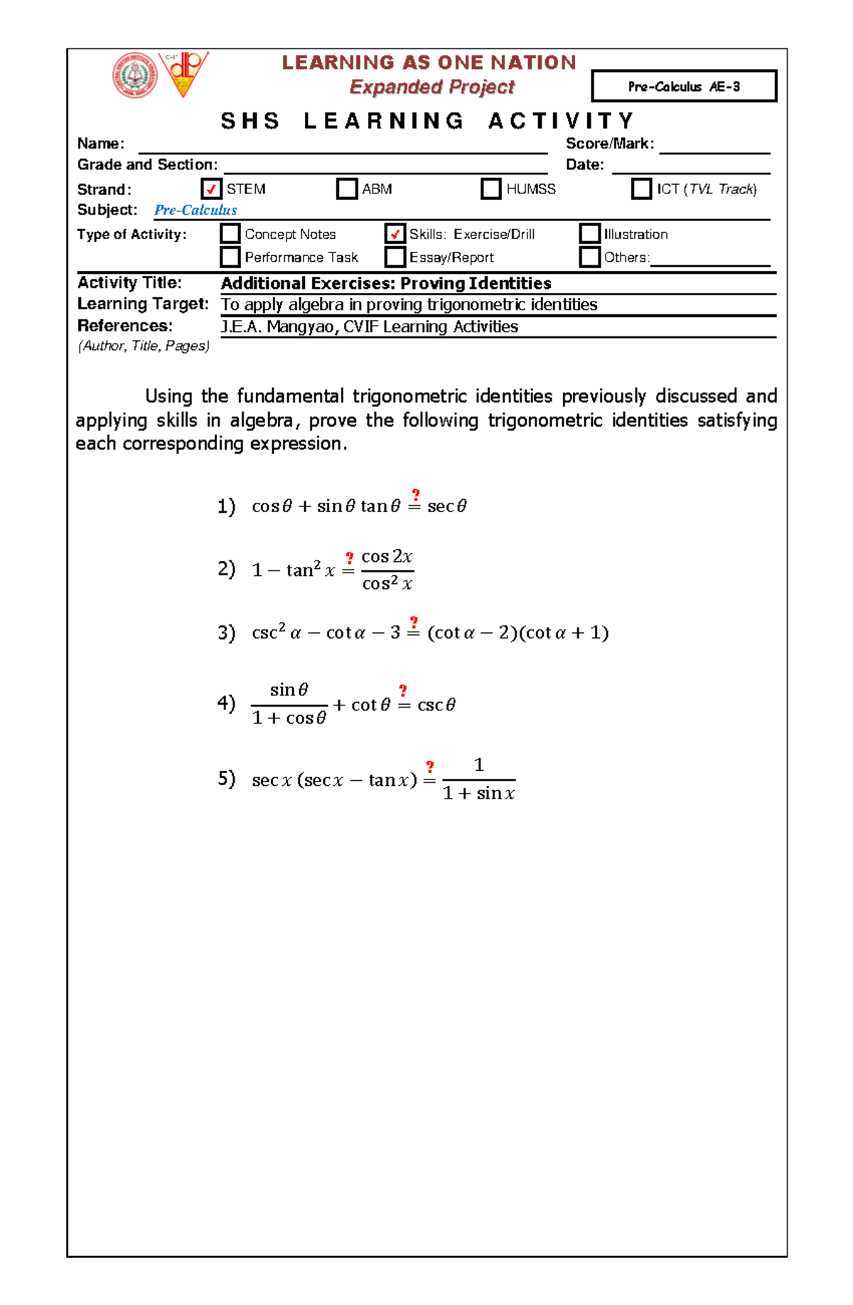 Pre-Calculus AE-3 Additional Exercises (Proving Identities ...