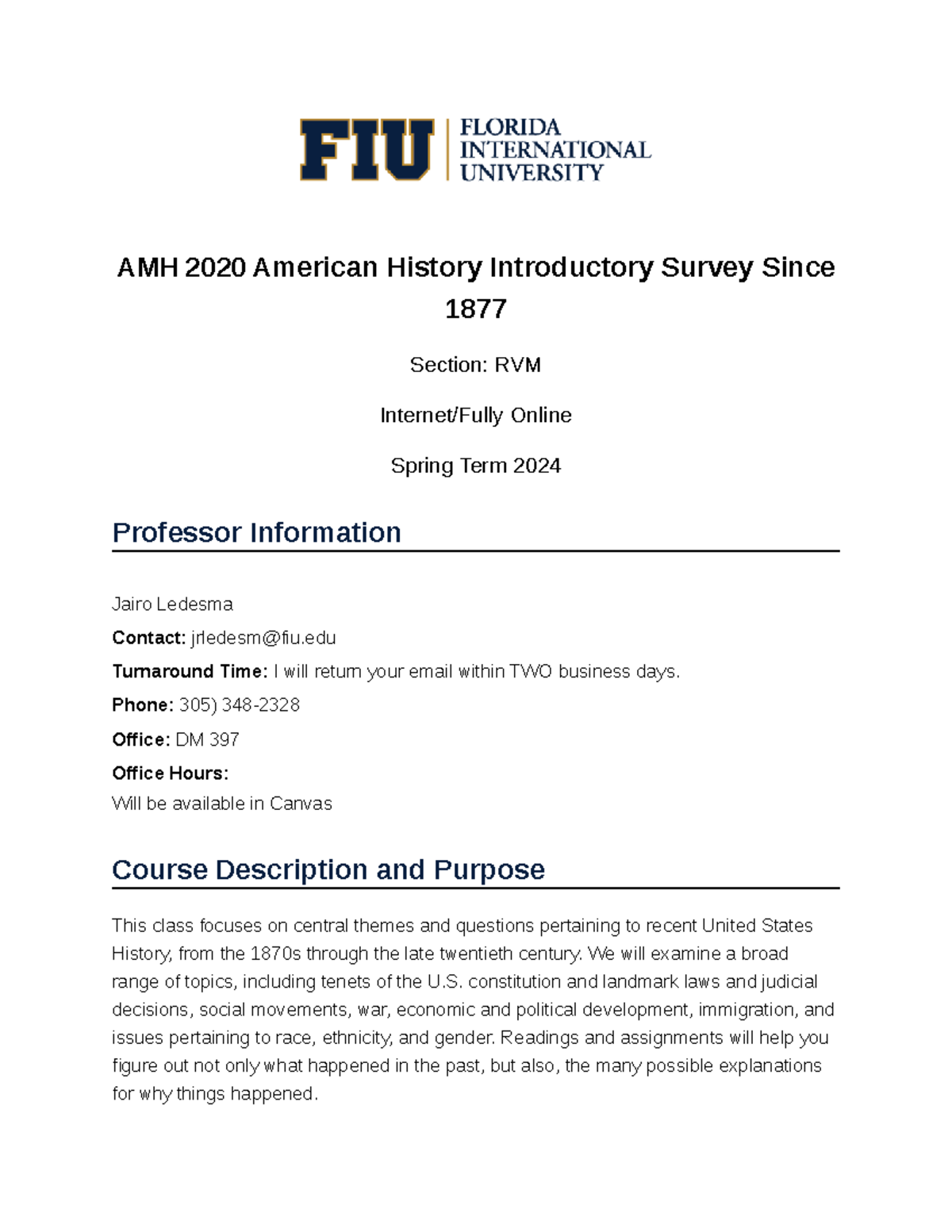 Syllabus - AMH 2020 American History Introductory Survey Since 1877 ...