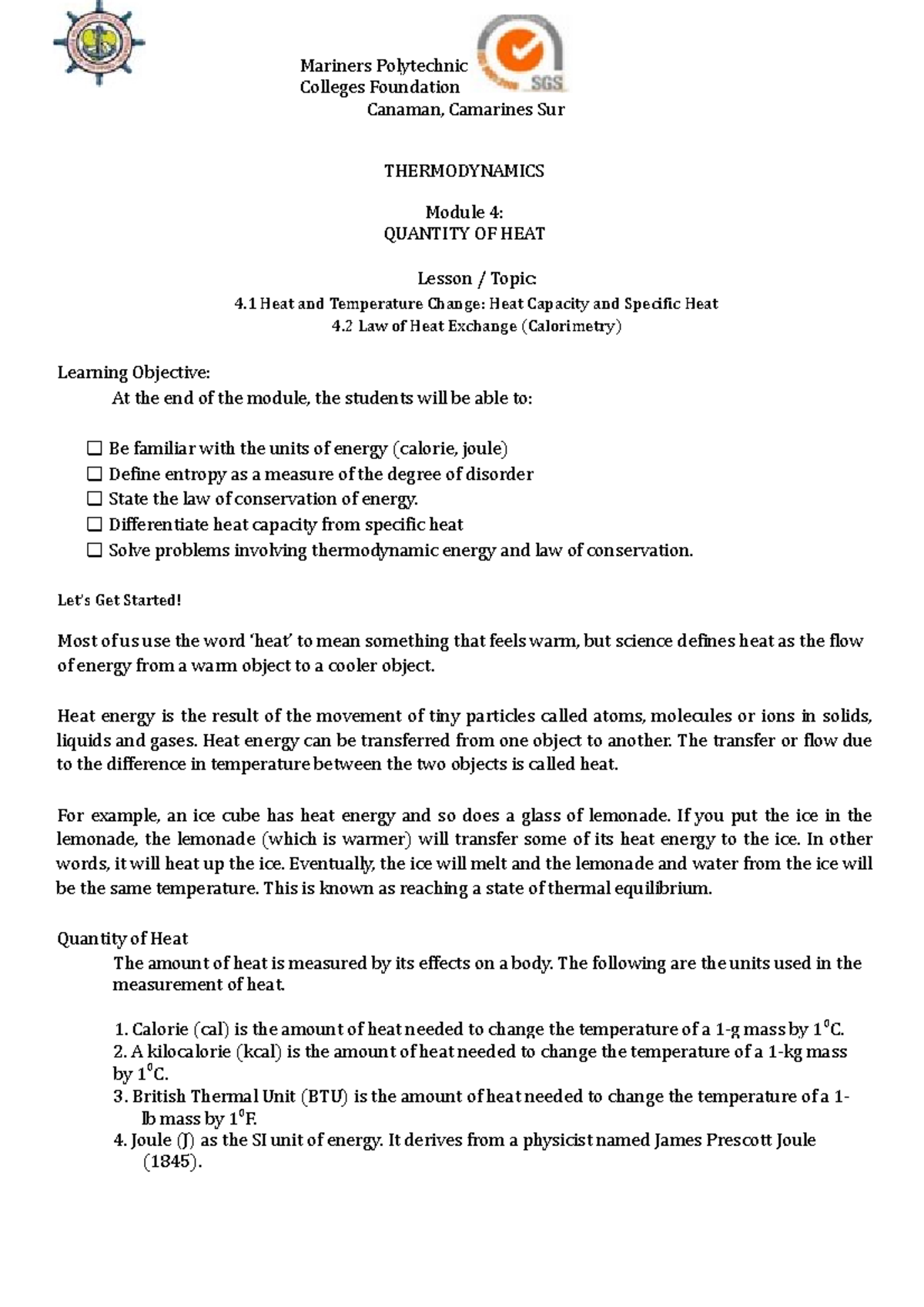 Module 4 - Quantity of Heat - Specific Heat and Calorimetry - Mariners ...