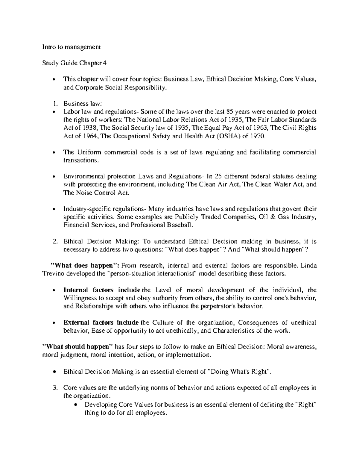 Study Guide 4 - Intro to management Study Guide Chapter 4 This chapter ...